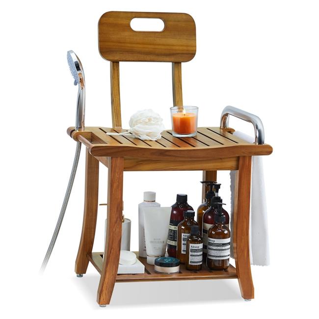 Utopia Alley 19 in. 2-Tier Teak Shower Bench with Handle & Backrest ...