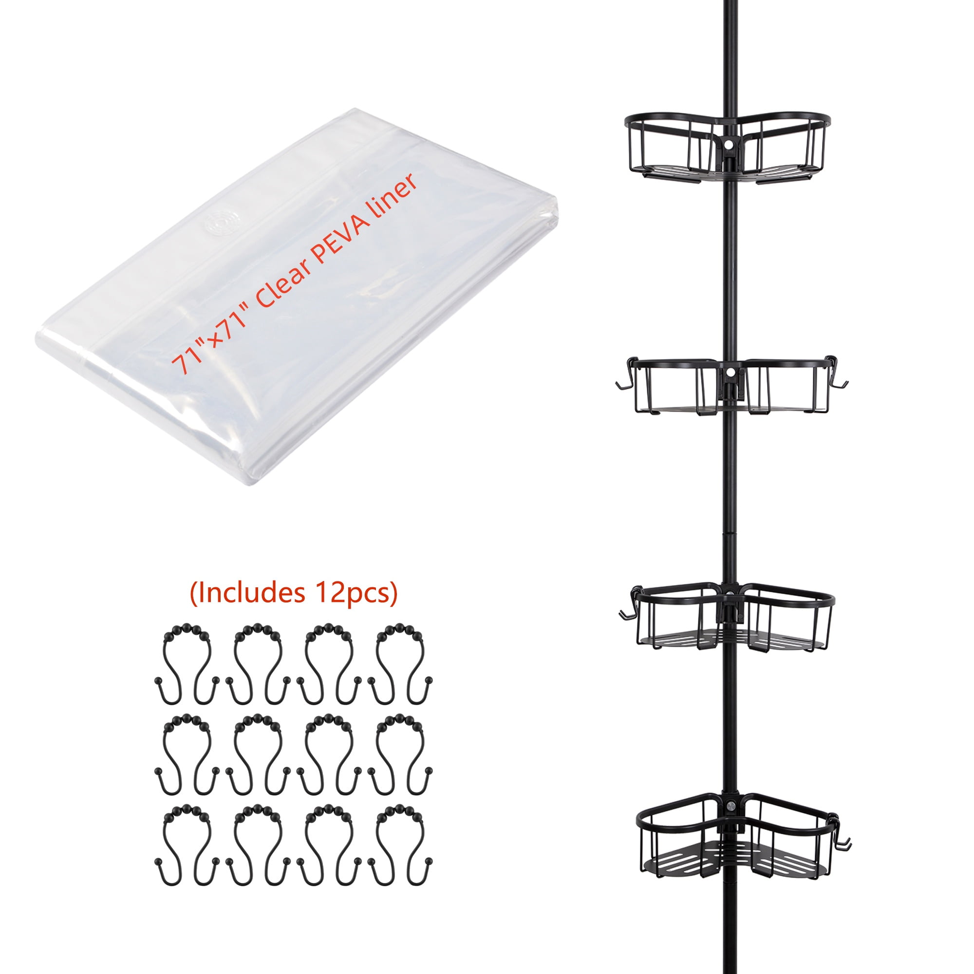 Utopia Alley Flat Shelf Tension Rod Shower Organizer - Rustproof Corner Shower Caddy with 4 ...