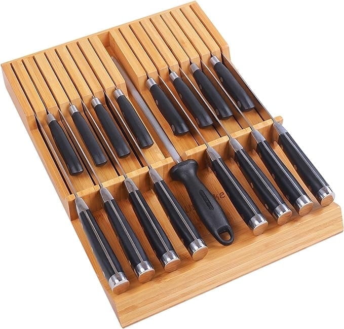 Utoplike In-drawer Knife Block Bamboo Kitchen Knife Drawer Organizer, Large handle Steak knife ...