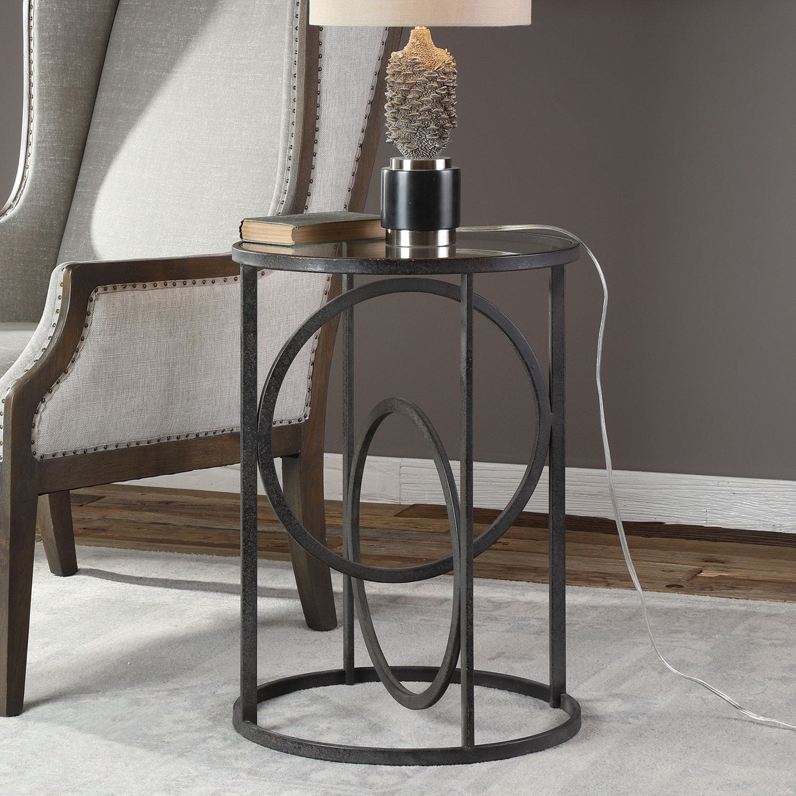 Uttermost Lucien 18" Round Iron and Glass Top Accent End Table in Aged ...