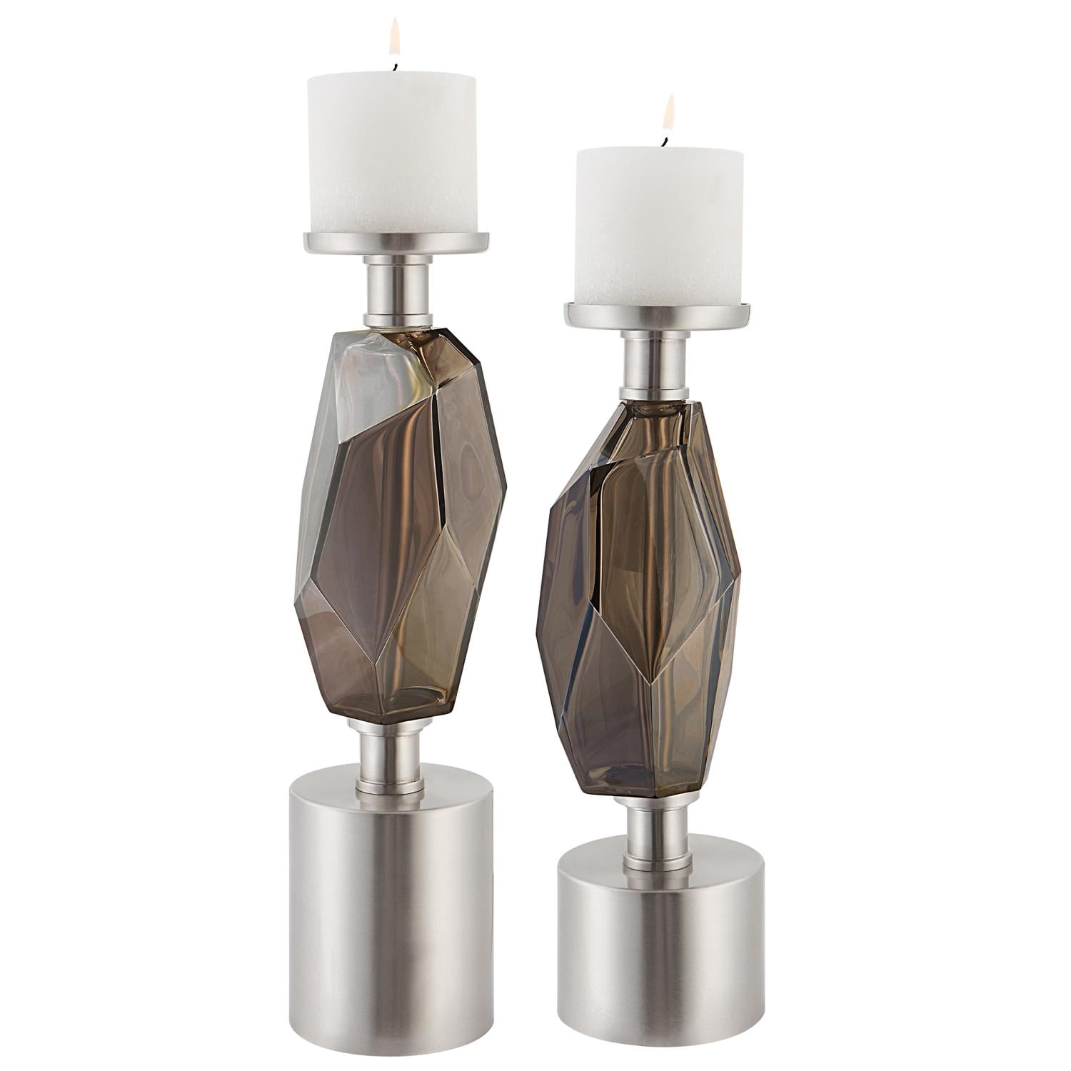 Uttermost Ore Contemporary Glass & Iron Candleholder in Silver (Set of ...