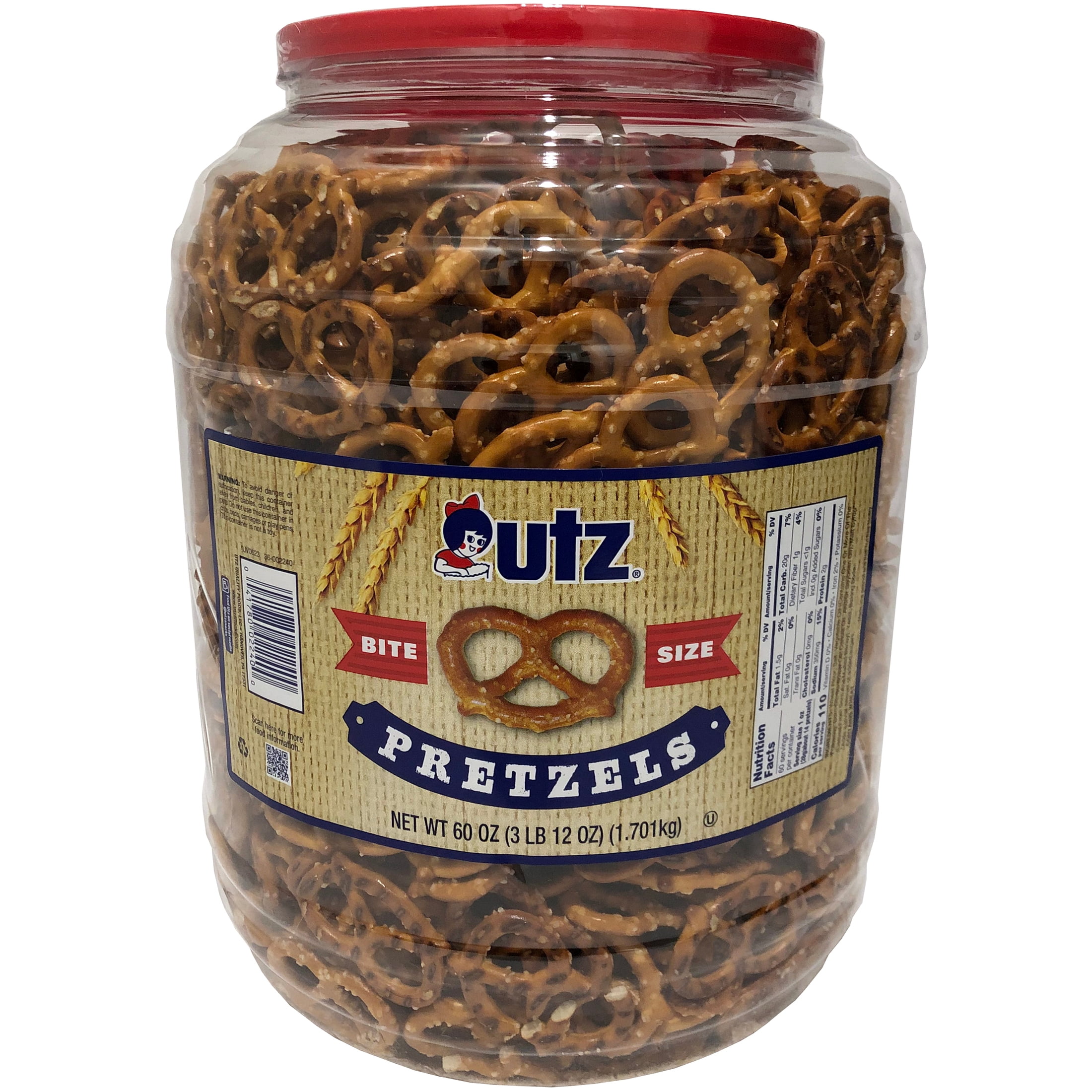 Utz Bite Size Pretzels, 60 oz Salty Party Canister Barrel - Walmart.com