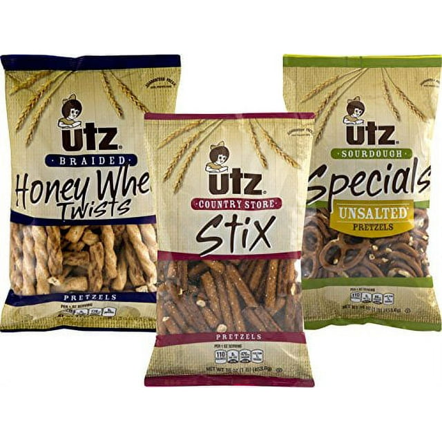Utz Honey Wheat Twist, Stix & Unsalted Sourdough Pretzel Variety 3 ...