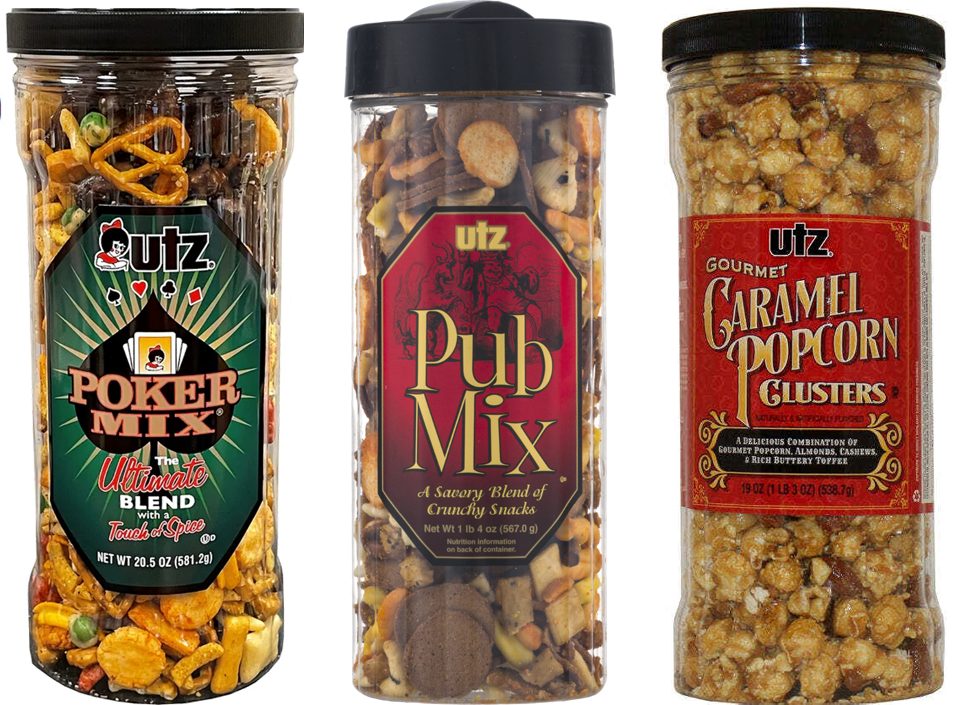 Utz Premium Poker Mix, Pub Mix & Gourmet Caramel Popcorn, Variety 3 ...