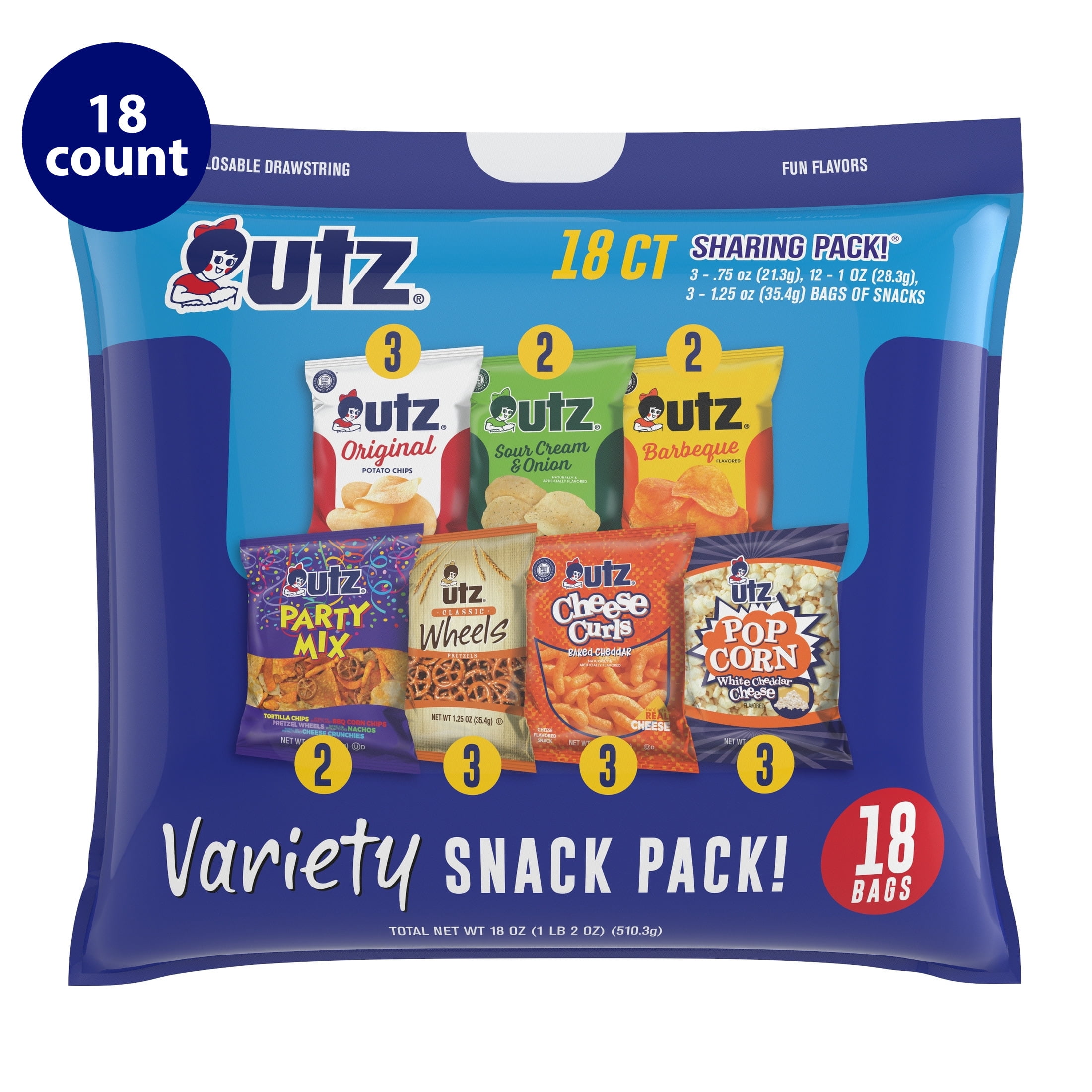Utz Snack Pack, Variety Pack, 18 Count, Potato Chips, Pretzels, Cheese ...