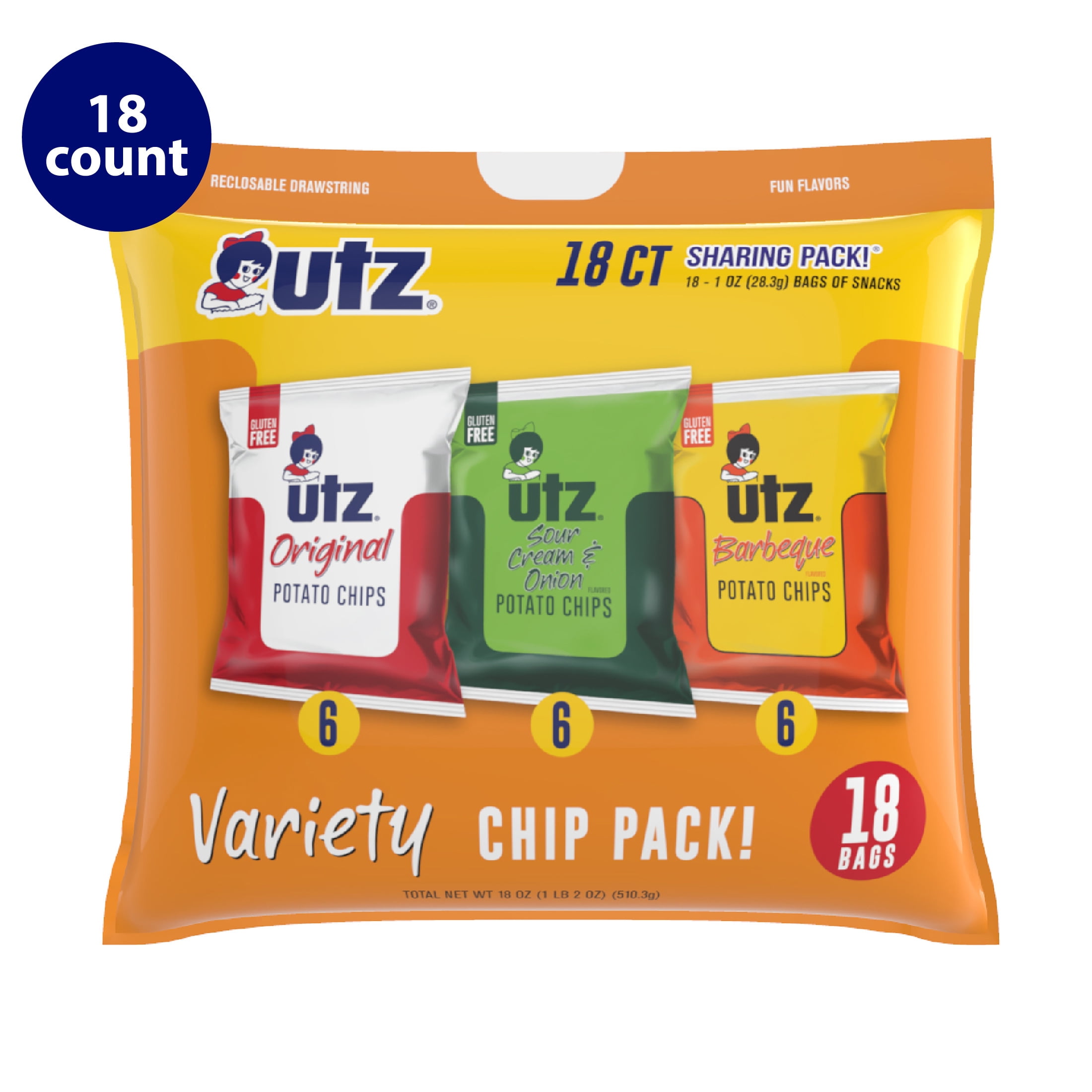Utz Snack Pack, Variety Pack, Potato Chips, 18 Count, 1 oz Bags ...