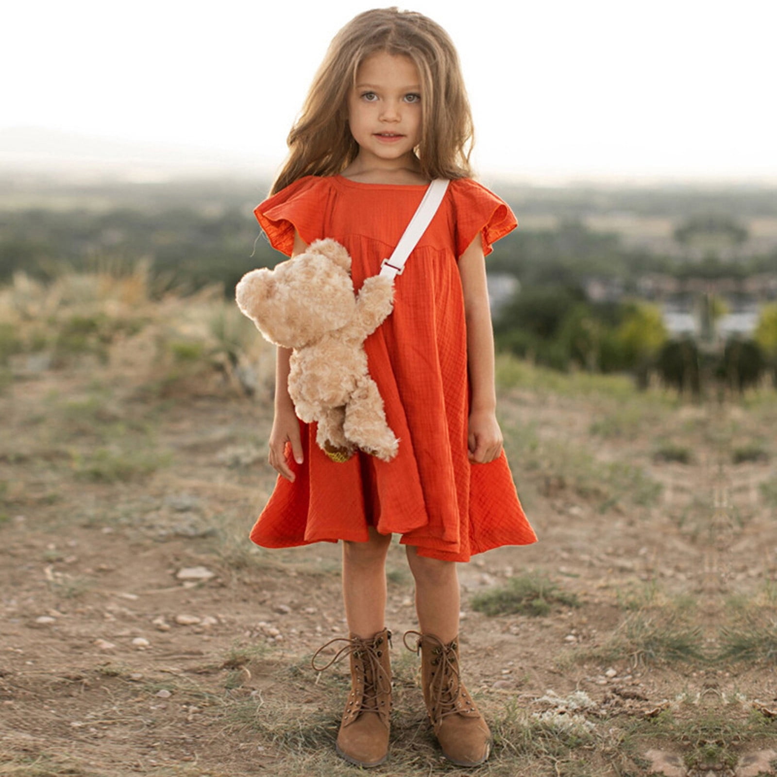 ZHUASHUM Kid Dress For Girl Cute Toddler Solid Color Fly Sleeve Round ...