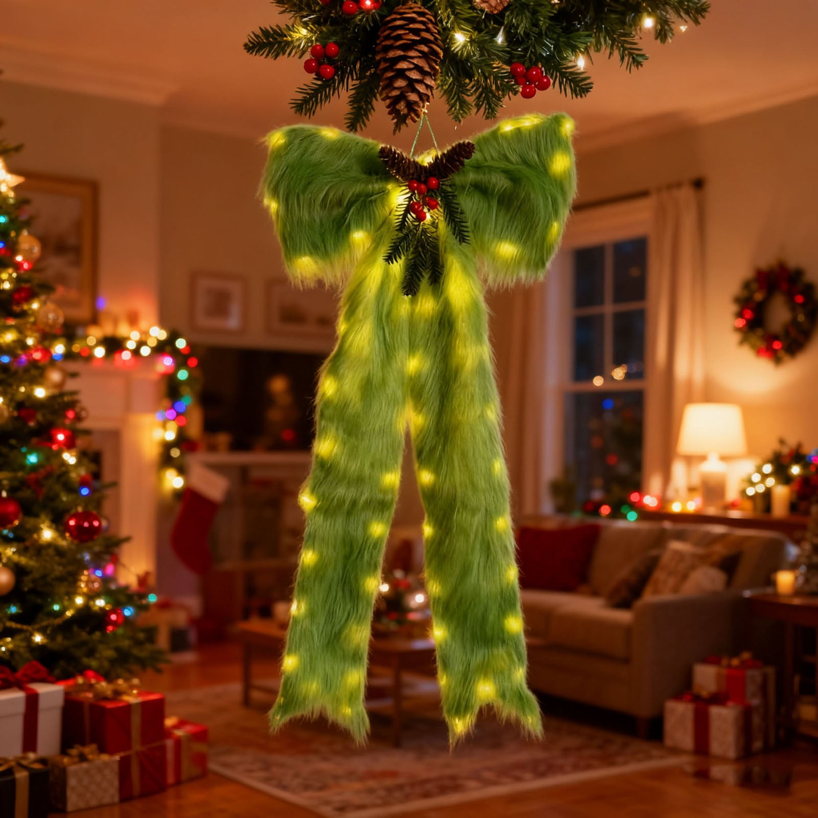 Uutvery Large Christmas Tree Bow,17.7x47 Inch Green Furry Christmas ...