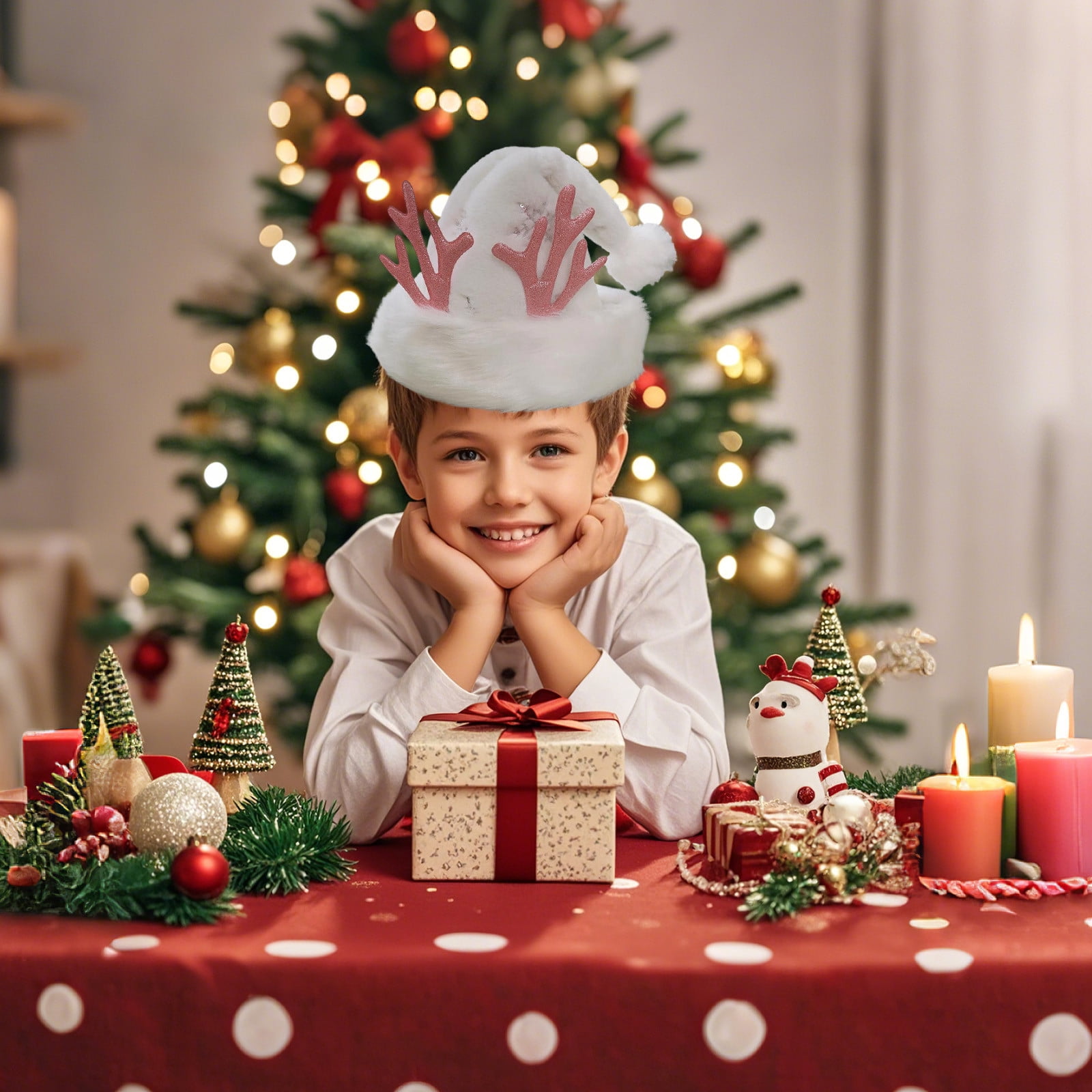 Uutvery Plush Santa Costume Hat with Deer,White Christmas Hat Santa ...