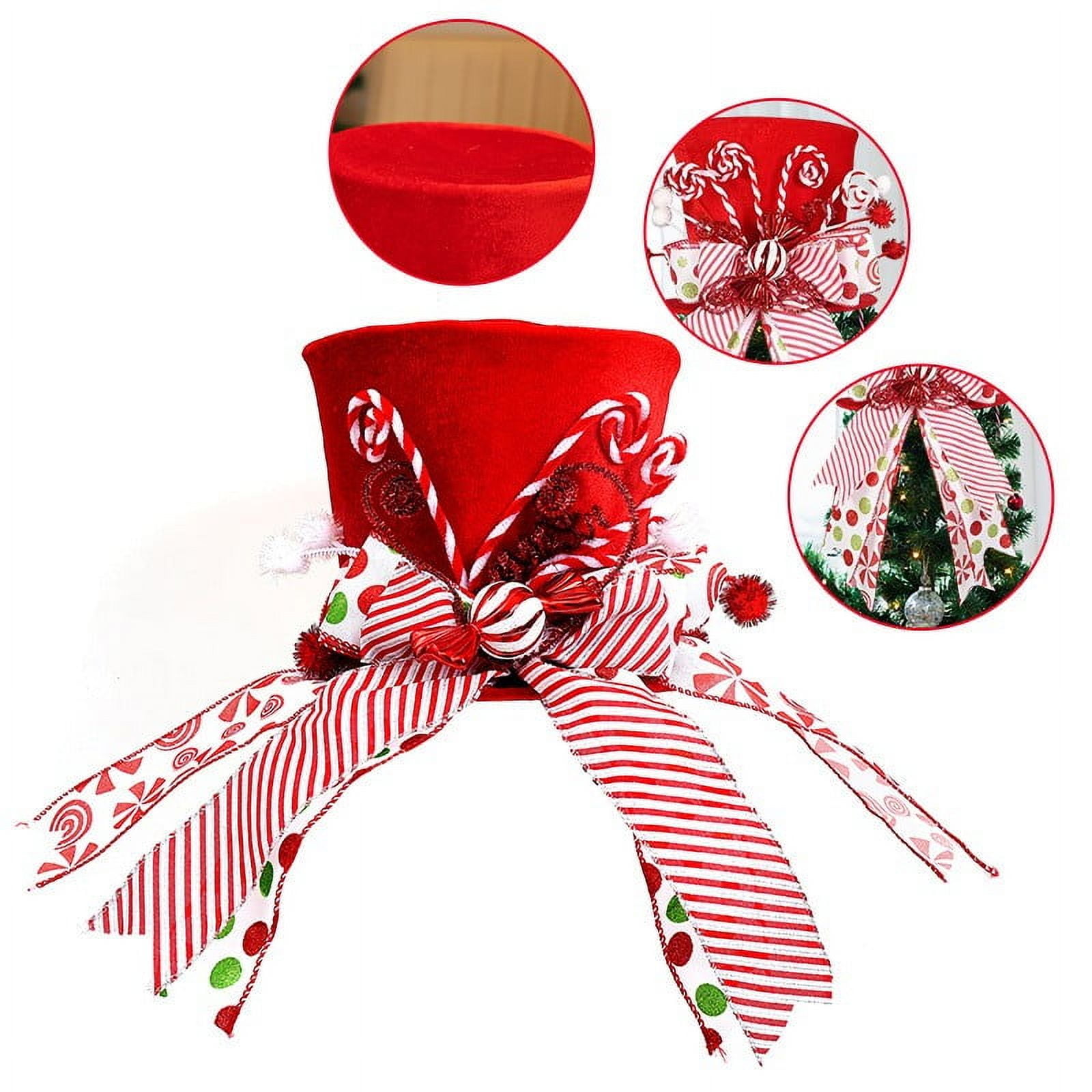 Uutvmp Red Top Hat with Candy Cane Ribbon Christmas Tree Topper Bow ...