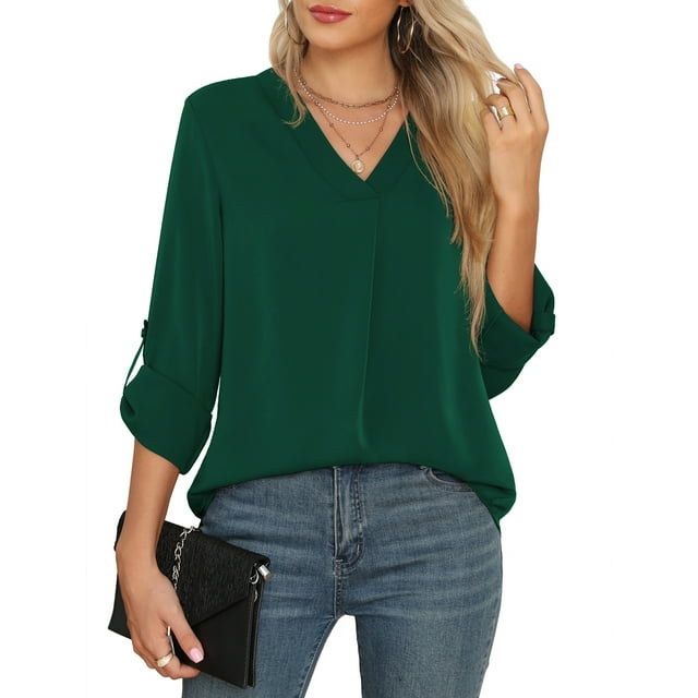 Uvplove 3/4 Sleeve Blouses for Women Business Casual Elegant Chiffon V ...