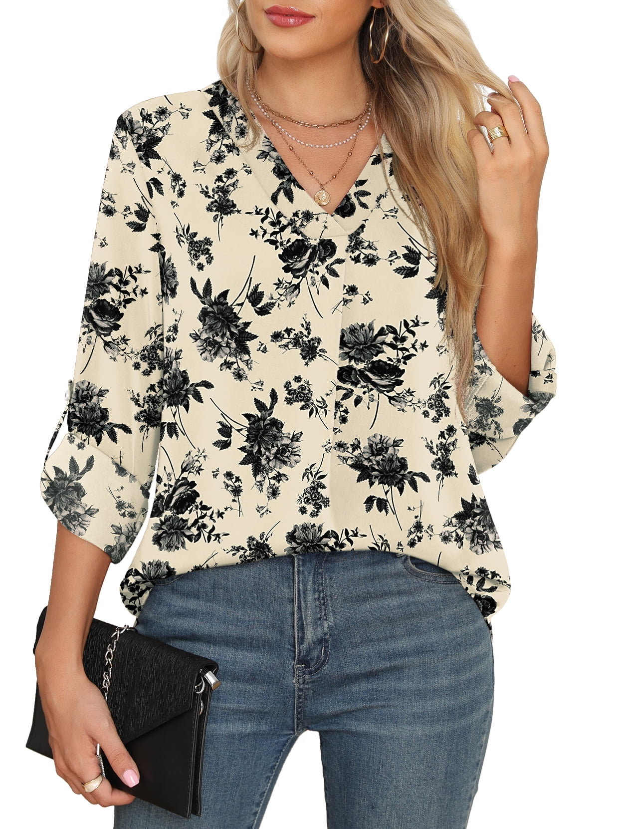 Uvplove 3/4 Sleeve Blouses for Women Business Casual Elegant Chiffon V ...