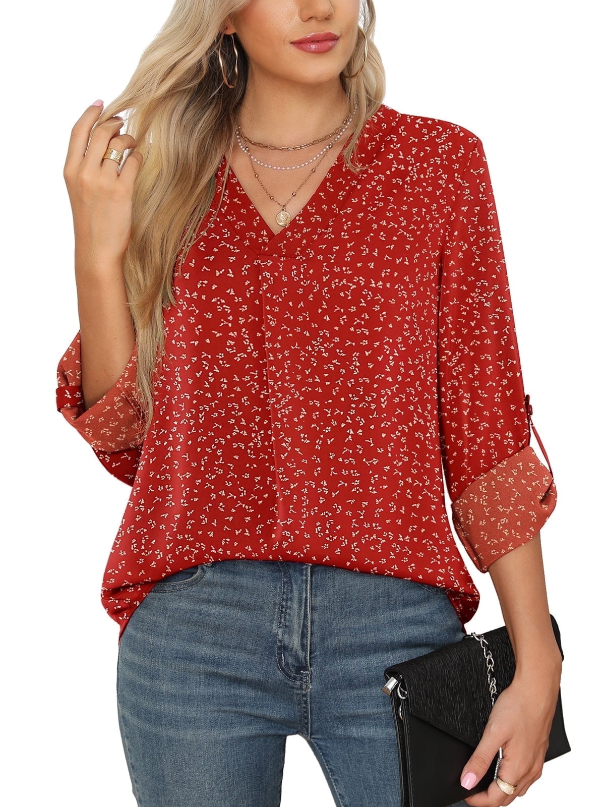 UVPLove Women's Chiffon Blouse, 3/4 Sleeve V Neck Top, Casual Elegant ...