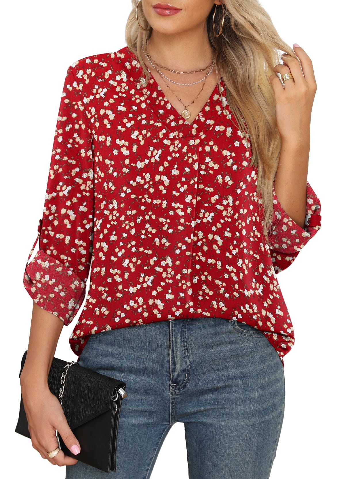 Uvplove Silky Chiffon 3/4 Sleeve V Neck Blouse for Women, Business ...