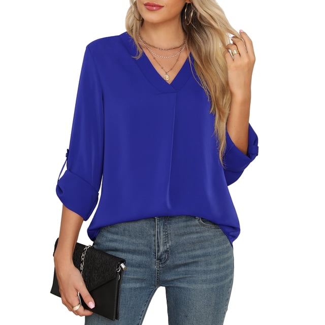 Uvplove 3/4 Sleeve Silky Chiffon V-Neck Blouse, Royal Blue, 2XL ...