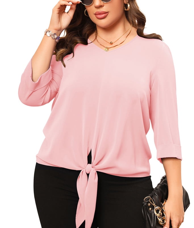 Uvplove Chiffon Blouses for Women V Neck Tie Front 3/4 Sleeve Tops ...