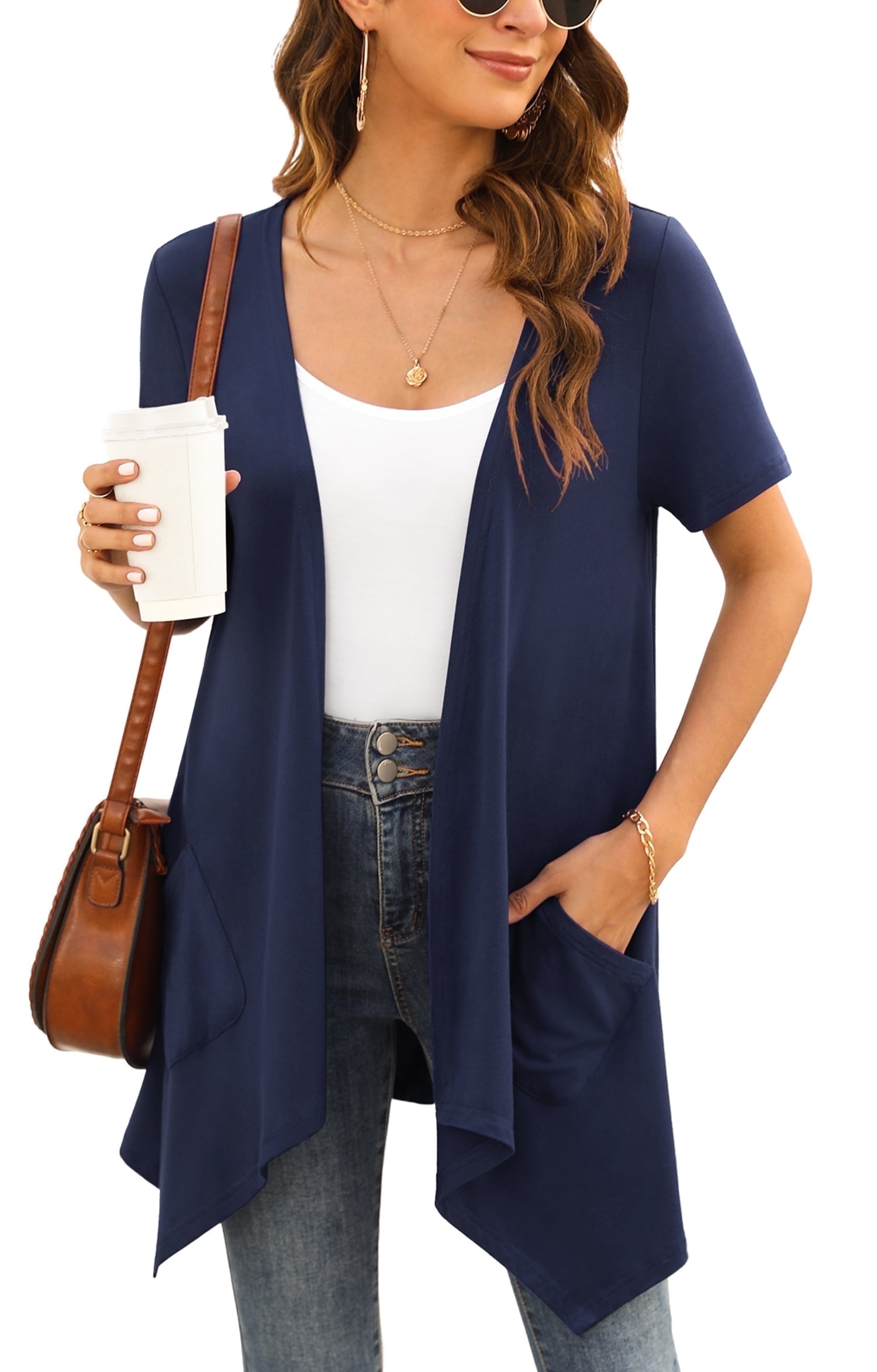 UVPLove Women's Short Sleeve Open Front Cardigan Navy Blue Lightweight ...
