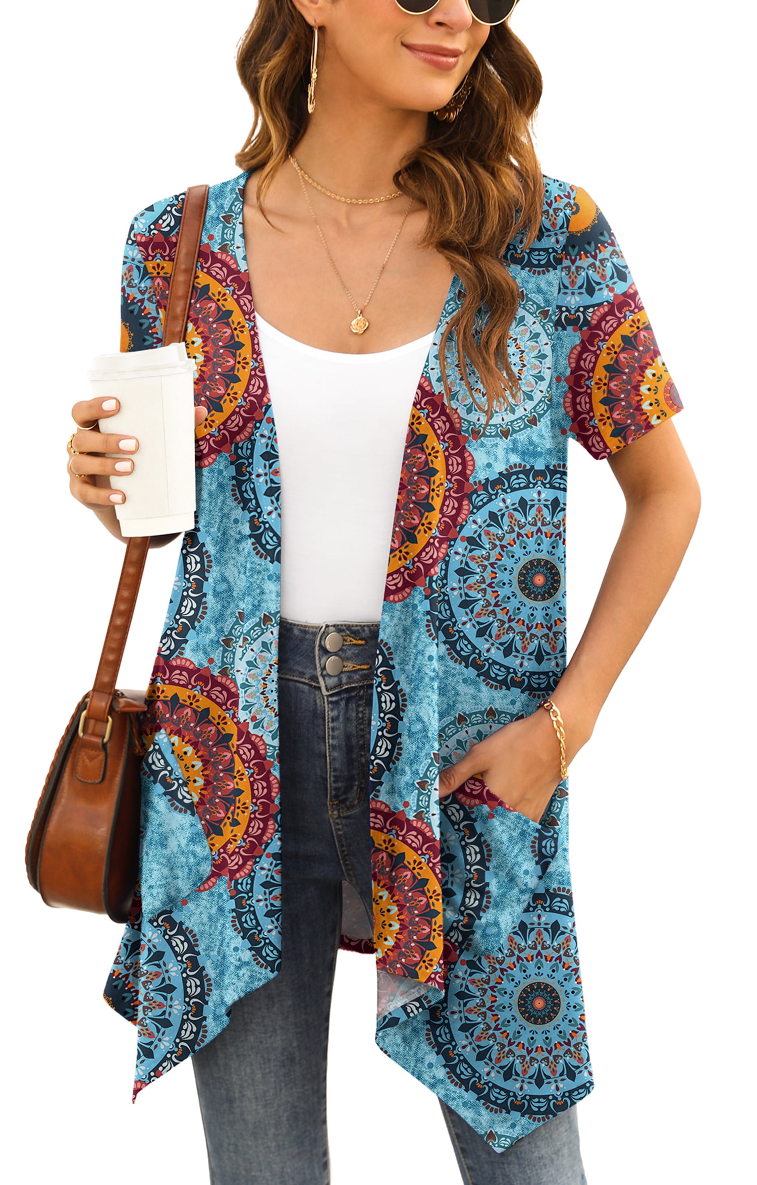 Uvplove Floral Short Sleeve Cardigans for Women Casual Drape Open Front ...