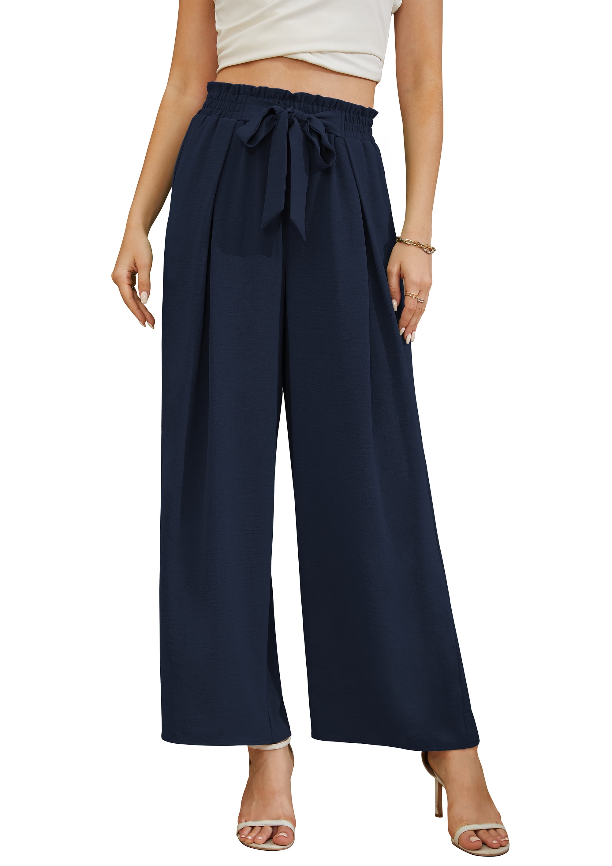 Uvplove Women High Waisted Palazzo Pants Wide Leg Casual Flowy Tie Knot ...