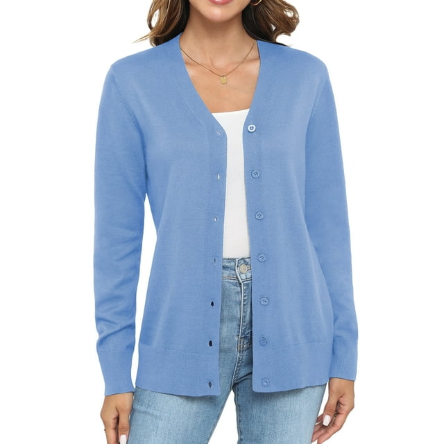 Uvplove Women Long Sleeve Soft Basic Knit Cardigan Sweater,Light Blue,M ...