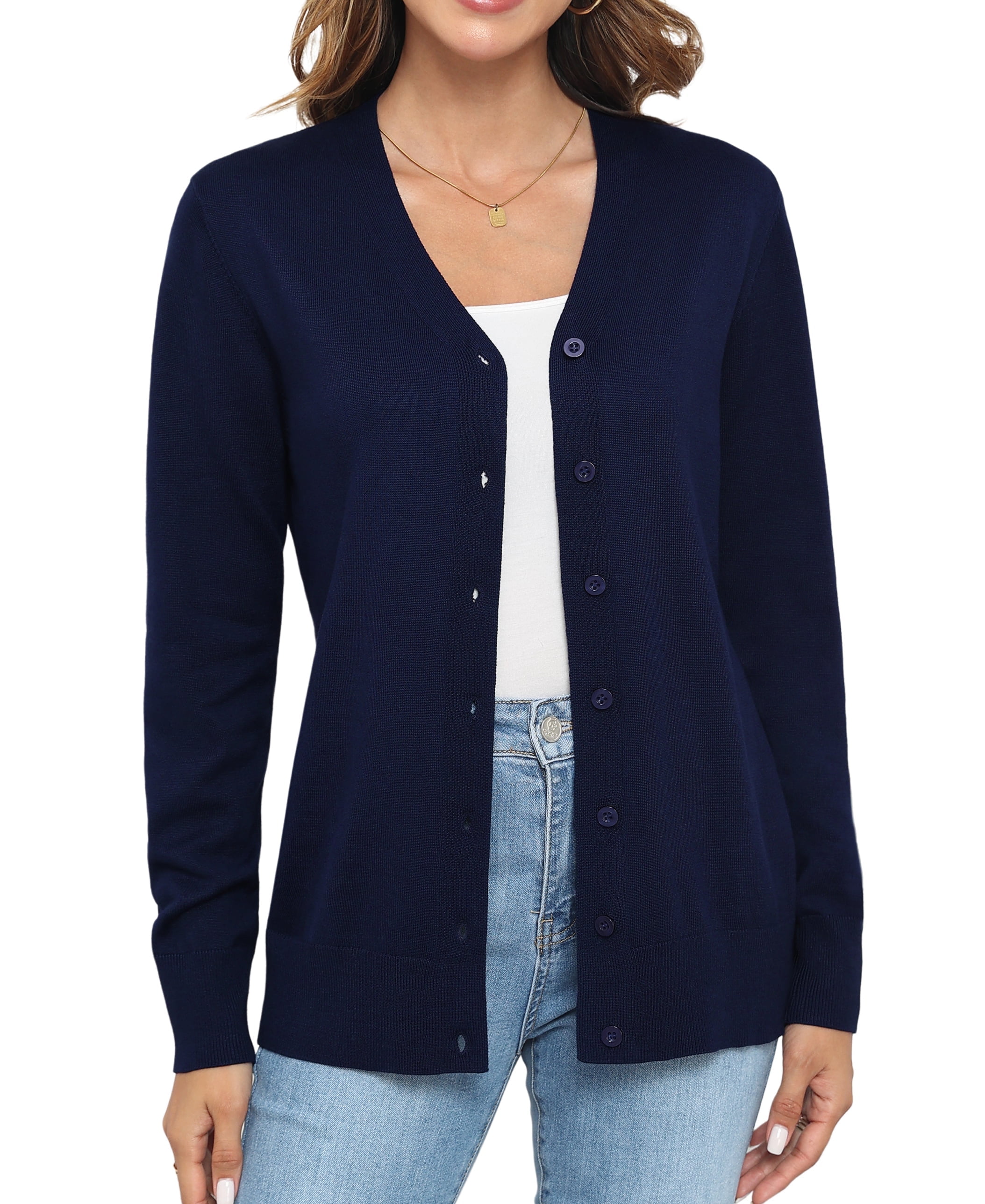 Uvplove Women Long Sleeve Soft Basic Knit Cardigan Sweater,Navy blue ...
