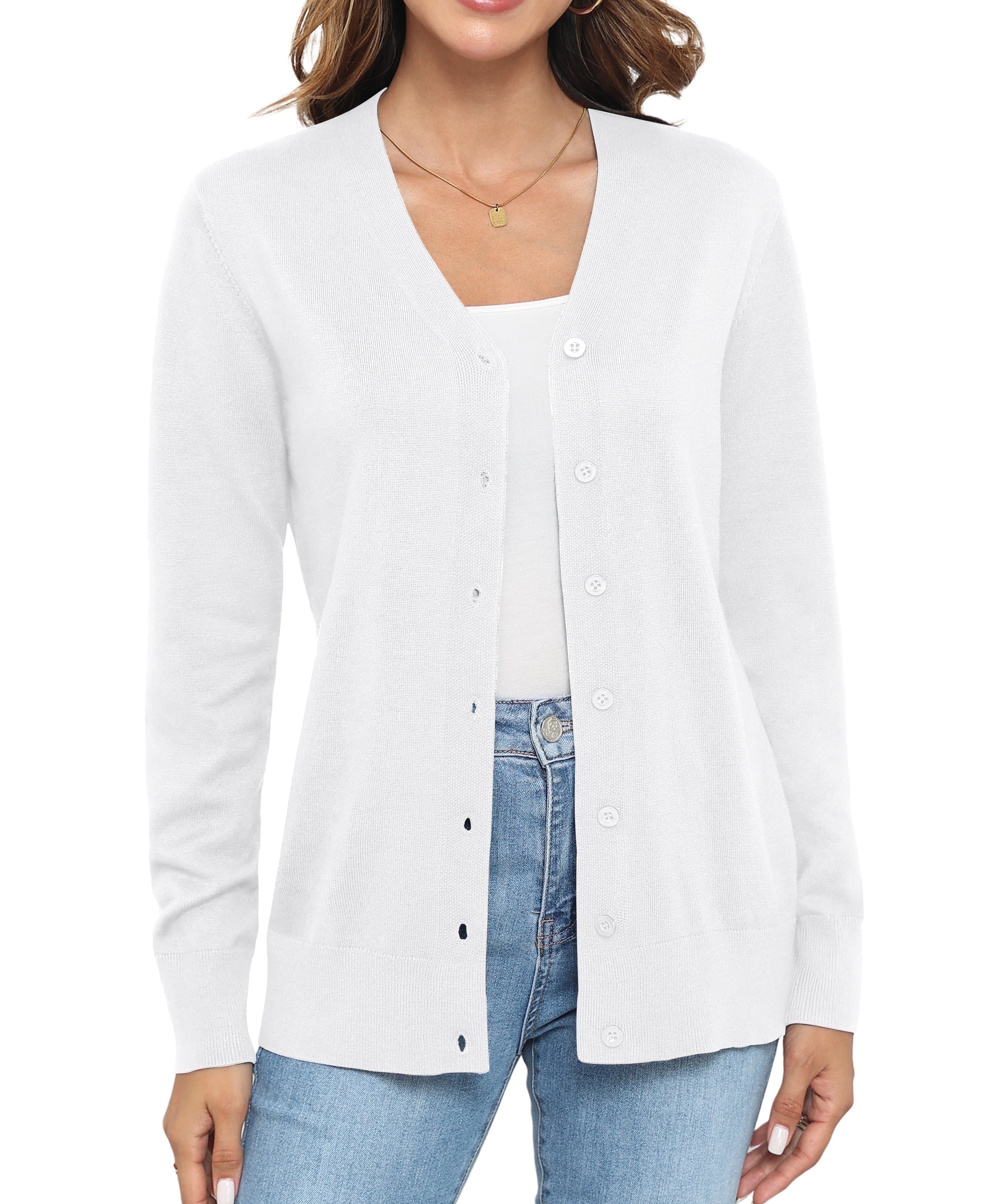 Uvplove Women Long Sleeve Soft Basic Knit Cardigan Sweater,Pure White ...