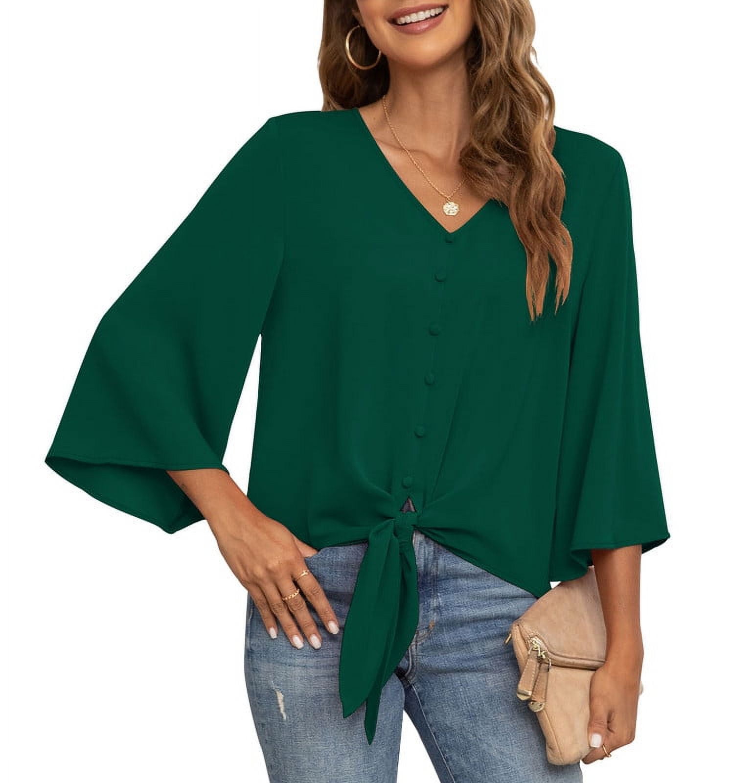 Uvplove Womens Button V Neck Chiffon Tops 3 4 Bell Sleeve Tie Knot