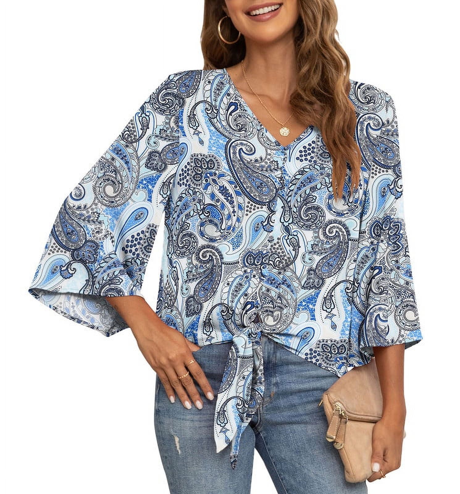 Uvplove Women's V Neck 3/4 Bell Sleeve Blouses Button Up Tie Knot Cute ...