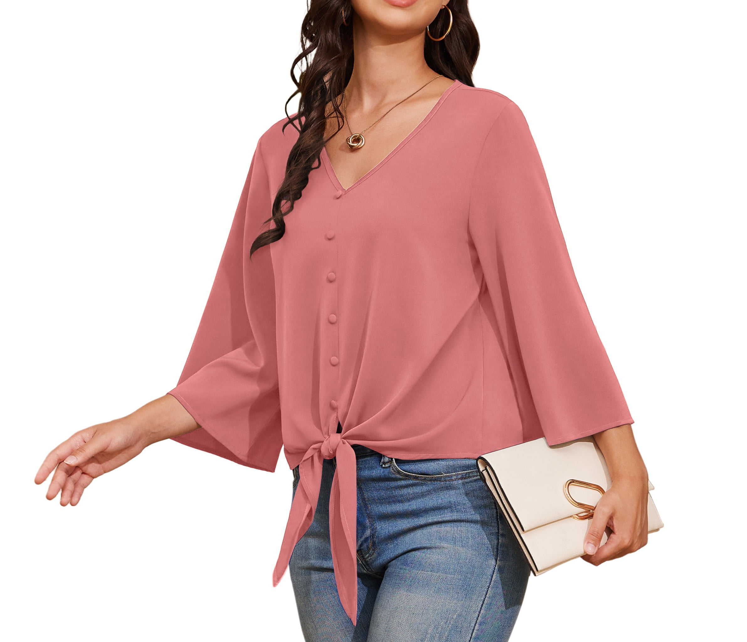Uvplove Womens 2024 V Neck Blouses 3 4 Bell Sleeve Button Up Tie Knot