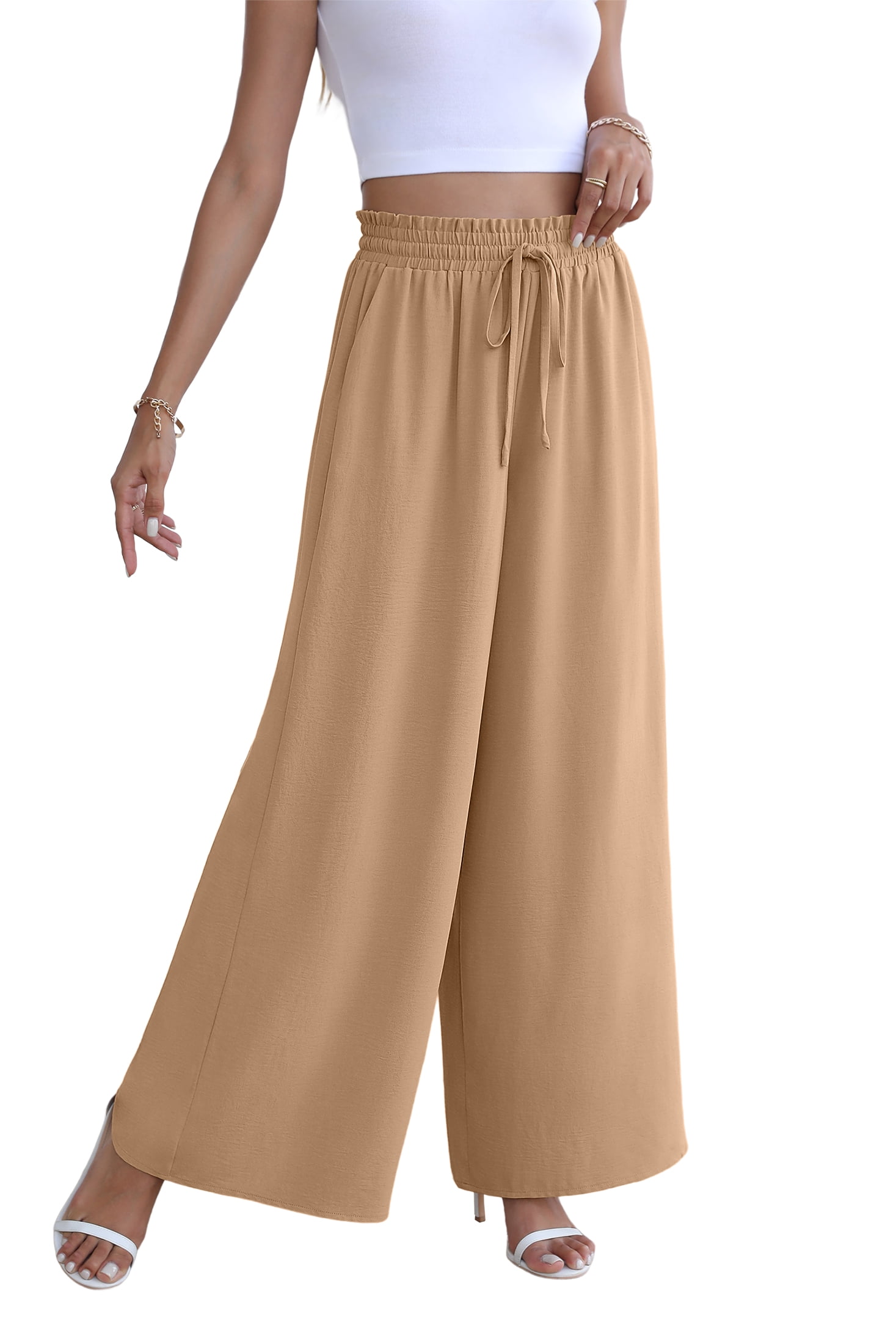 Uvplove Women's Casual Pants Wide Leg Elastic Waist Adjustable Tie ...
