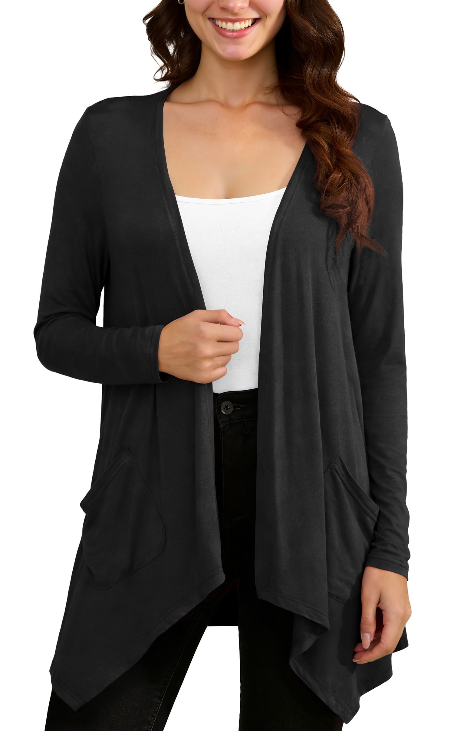 UVPLove Women's Lightweight Knit Cardigan, Black, Long Sleeve, Pockets ...