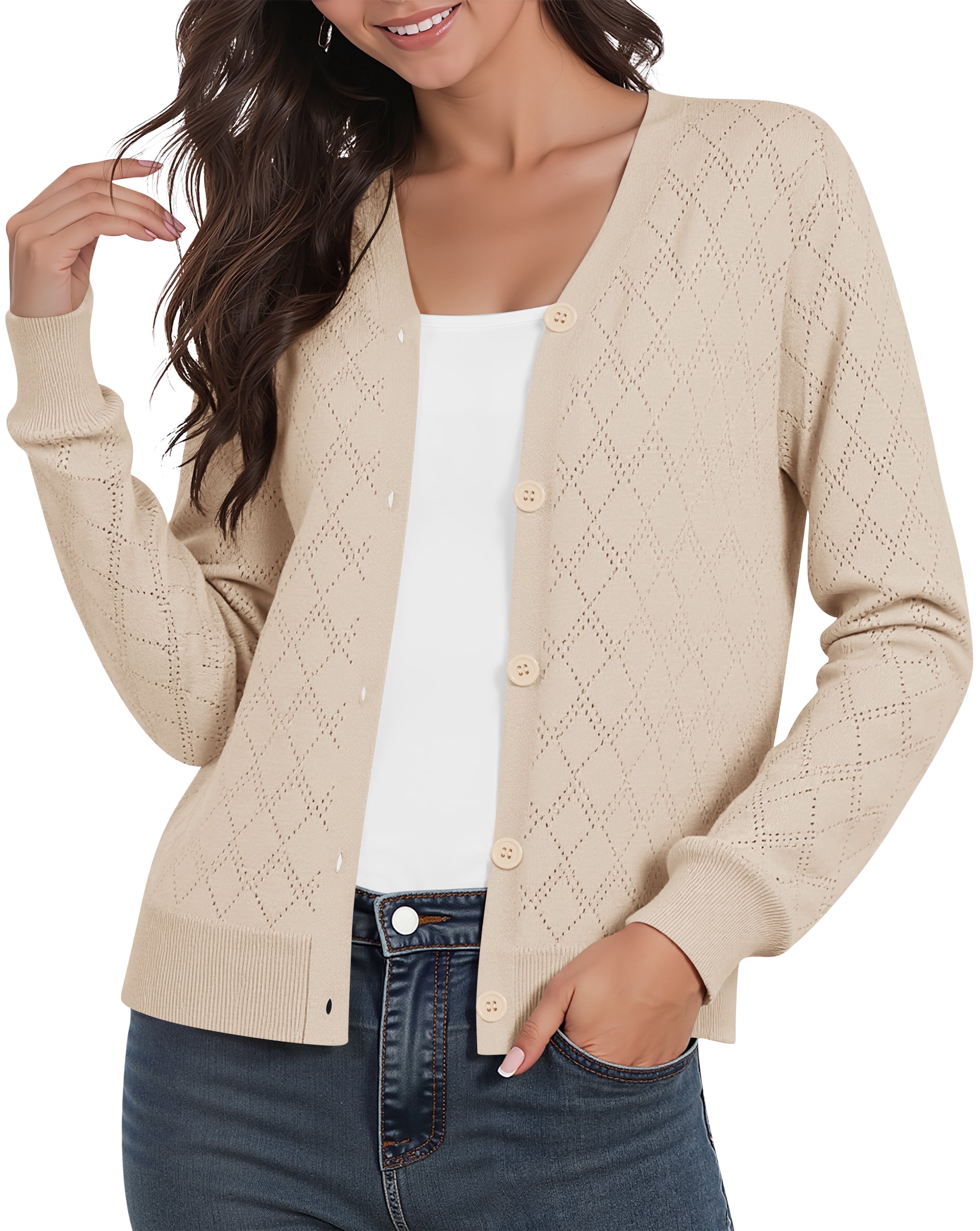 Uvplove Womens Long Sleeve Cardigan Lightweight Crochet Diamond Knit