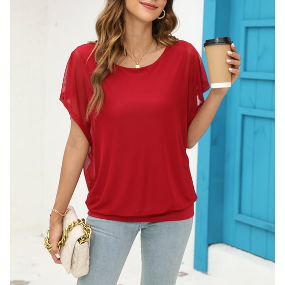 UVPLove Women's Bright Red Chiffon Blouse, Loose Casual Short Sleeve ...