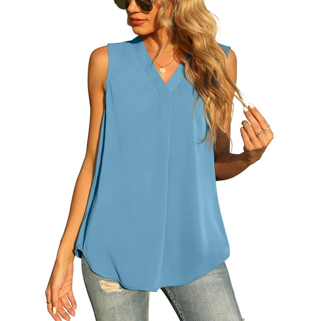 Uvplove Women's Sleeveless Chiffon Blouse, V Neck, Summer Casual ...