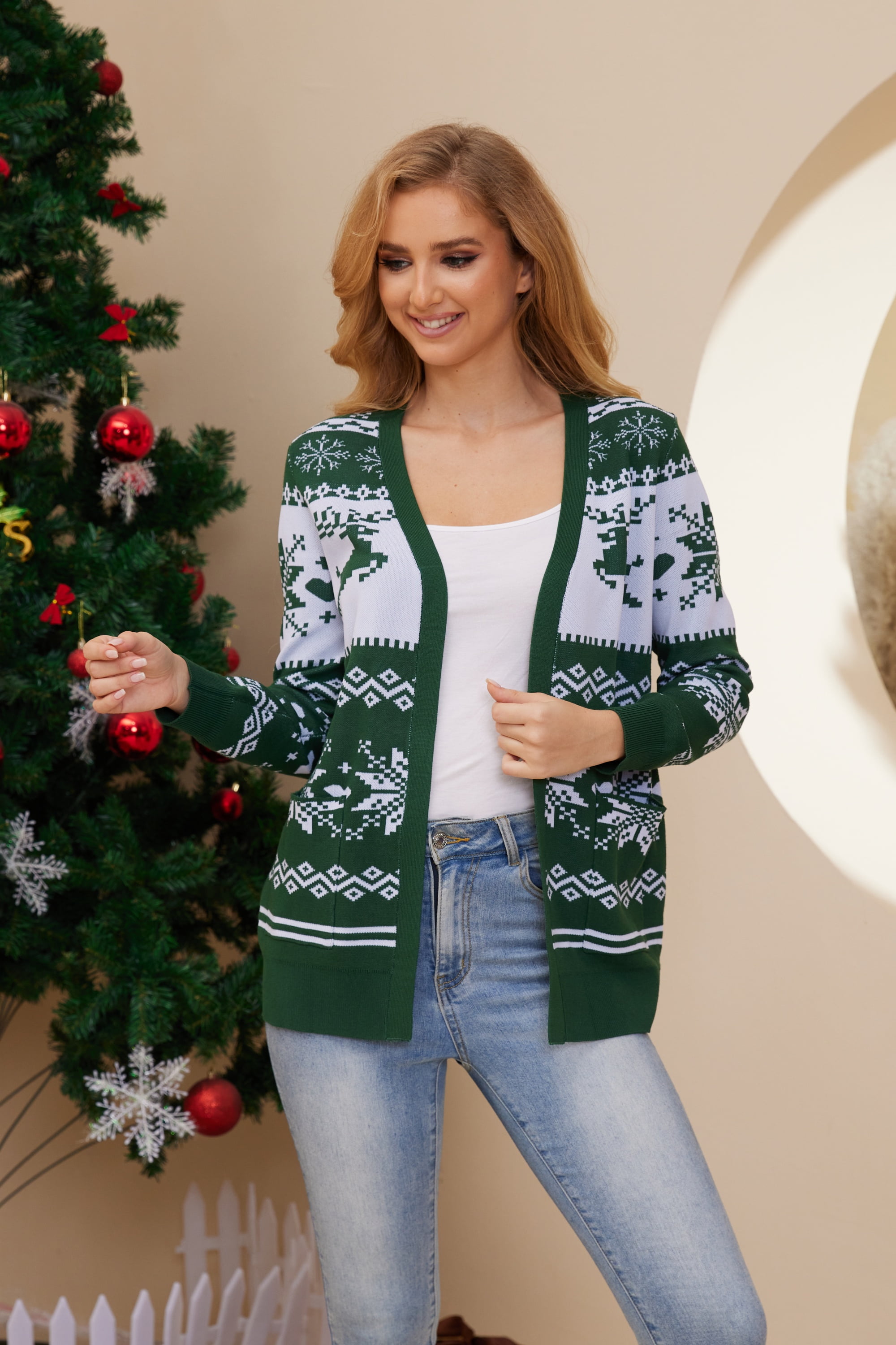 Uvplove Women's Ugly Christmas Cardigan Long Sleeve Open Front Knit ...