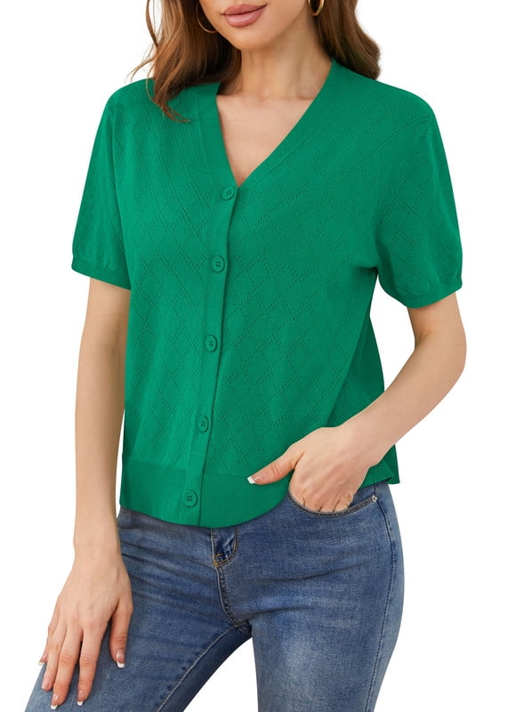 Uvplove Women's V Neck Crochet Knit Cardigan Short Sleeve Open Front ...