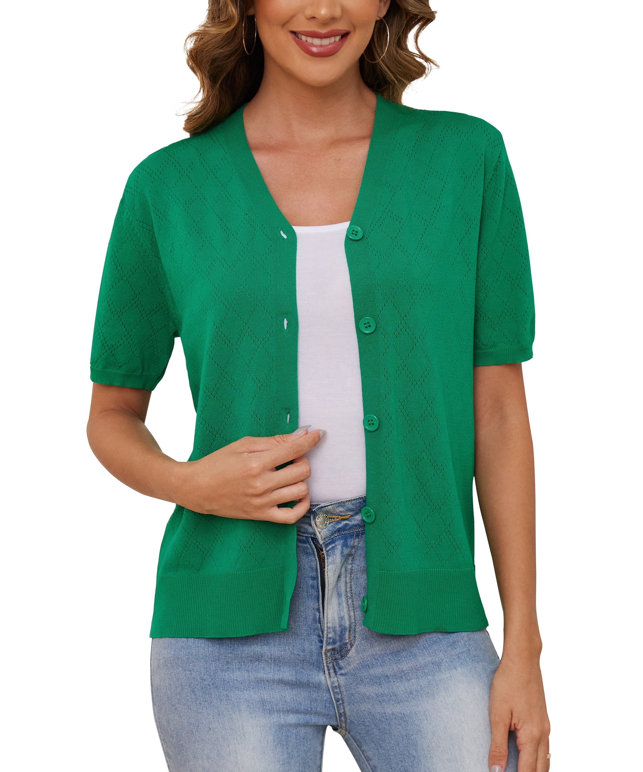 Uvplove Women's V Neck Crochet Knit Cardigan Short Sleeve Open Front ...