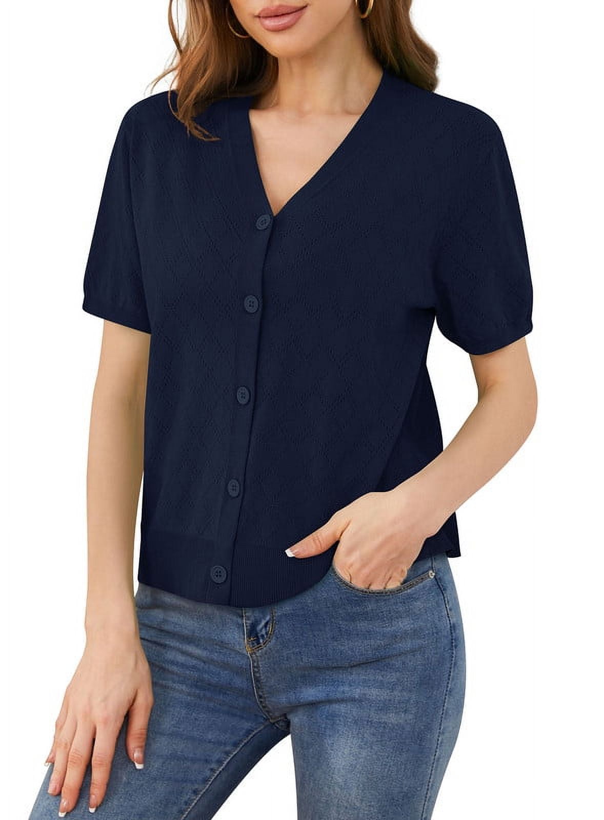 Uvplove Women's V Neck Crochet Knit Cardigan Short Sleeve Open Front ...