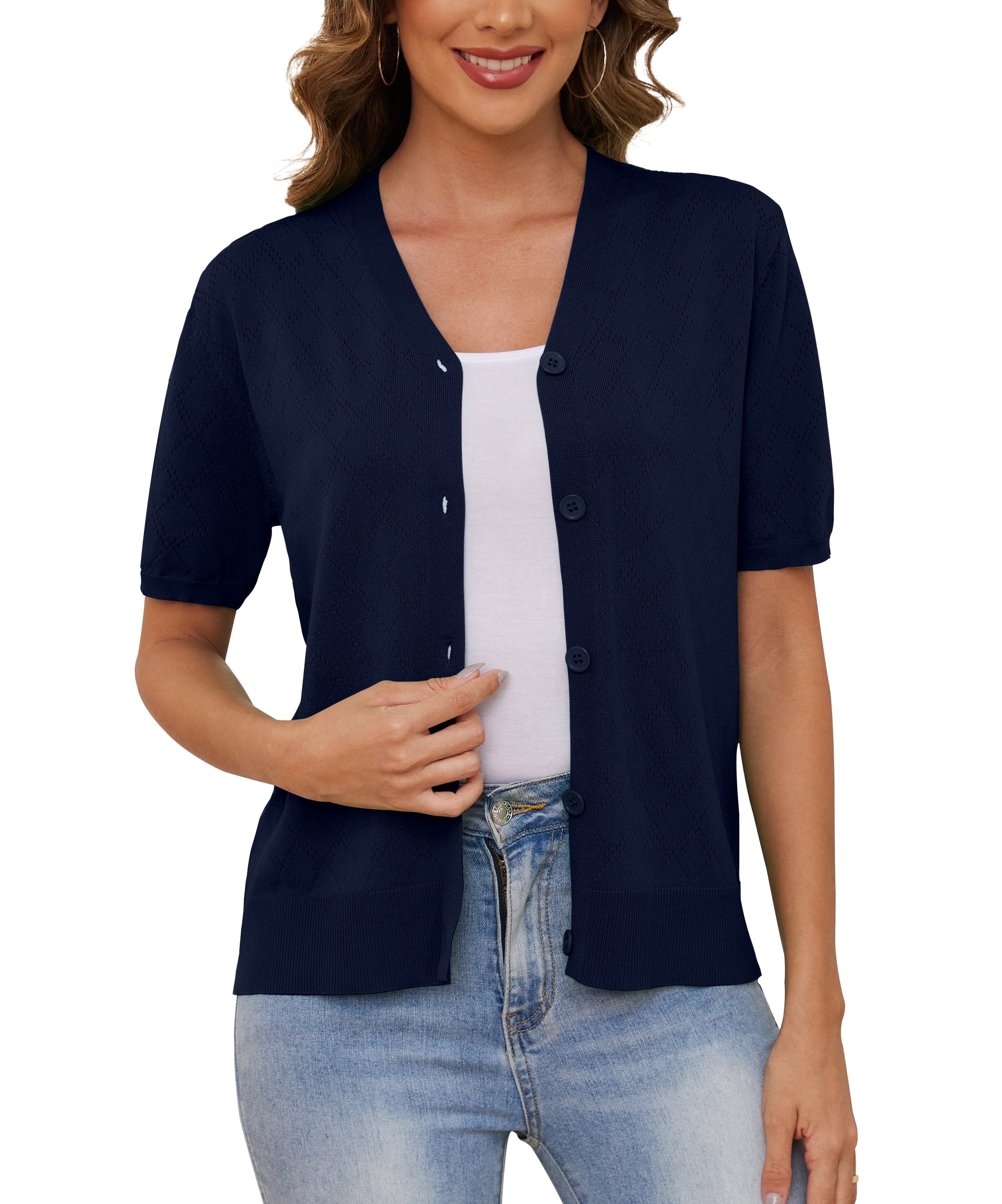 UVPLove Women's V Neck Crochet Knit Cardigan, Short Sleeve, Button Down ...