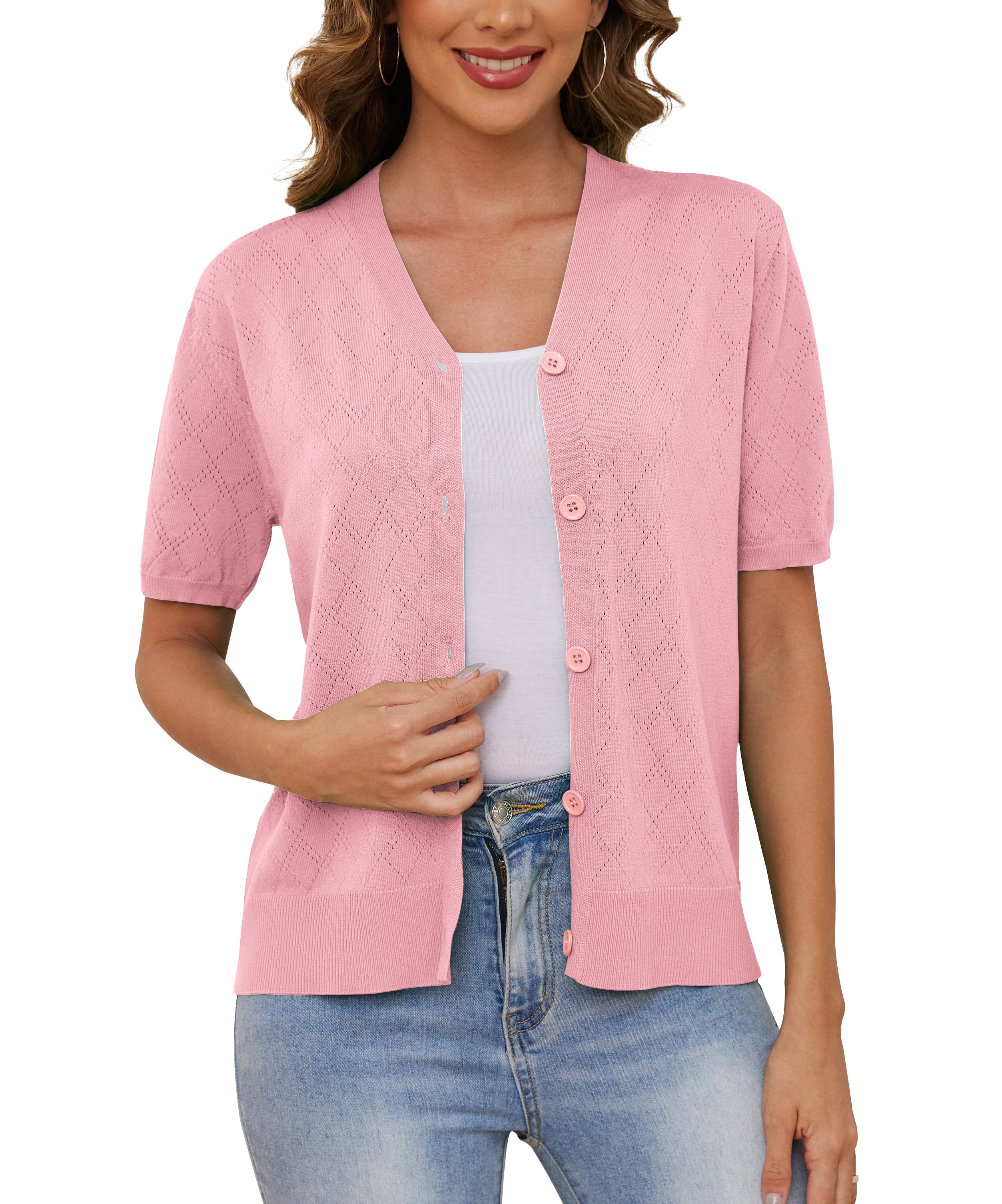 Uvplove Women's V Neck Crochet Knit Cardigan Short Sleeve Open Front ...