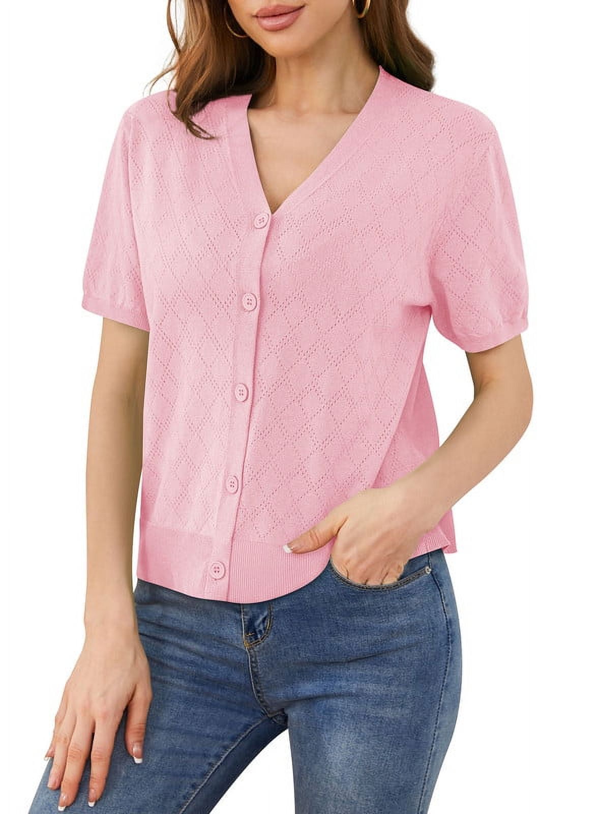 Uvplove Women's V Neck Crochet Knit Cardigan Short Sleeve Open Front ...