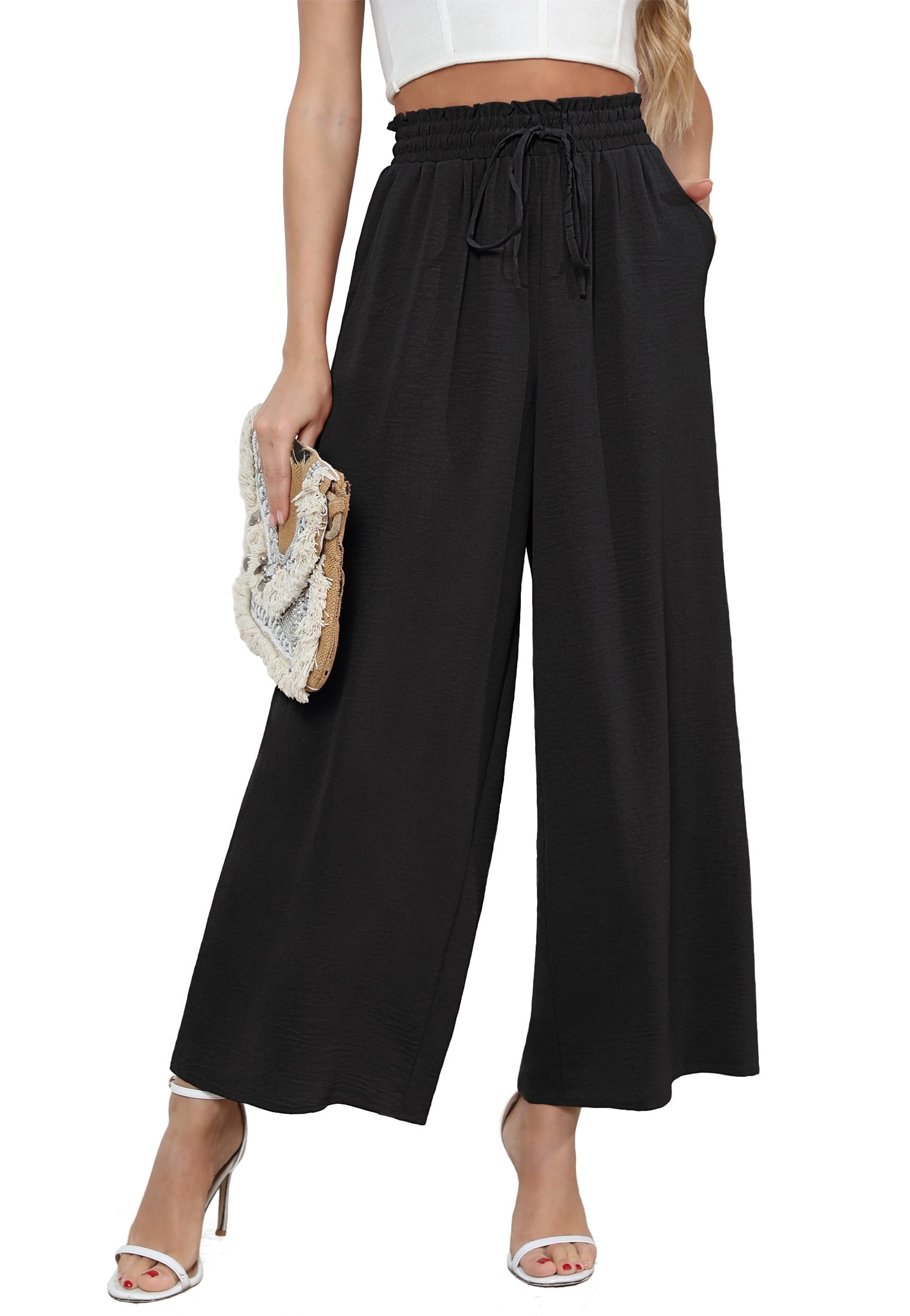Uvplove Women's Flowy Fitting Wide Leg Palazzo Pants with Drawstring ...