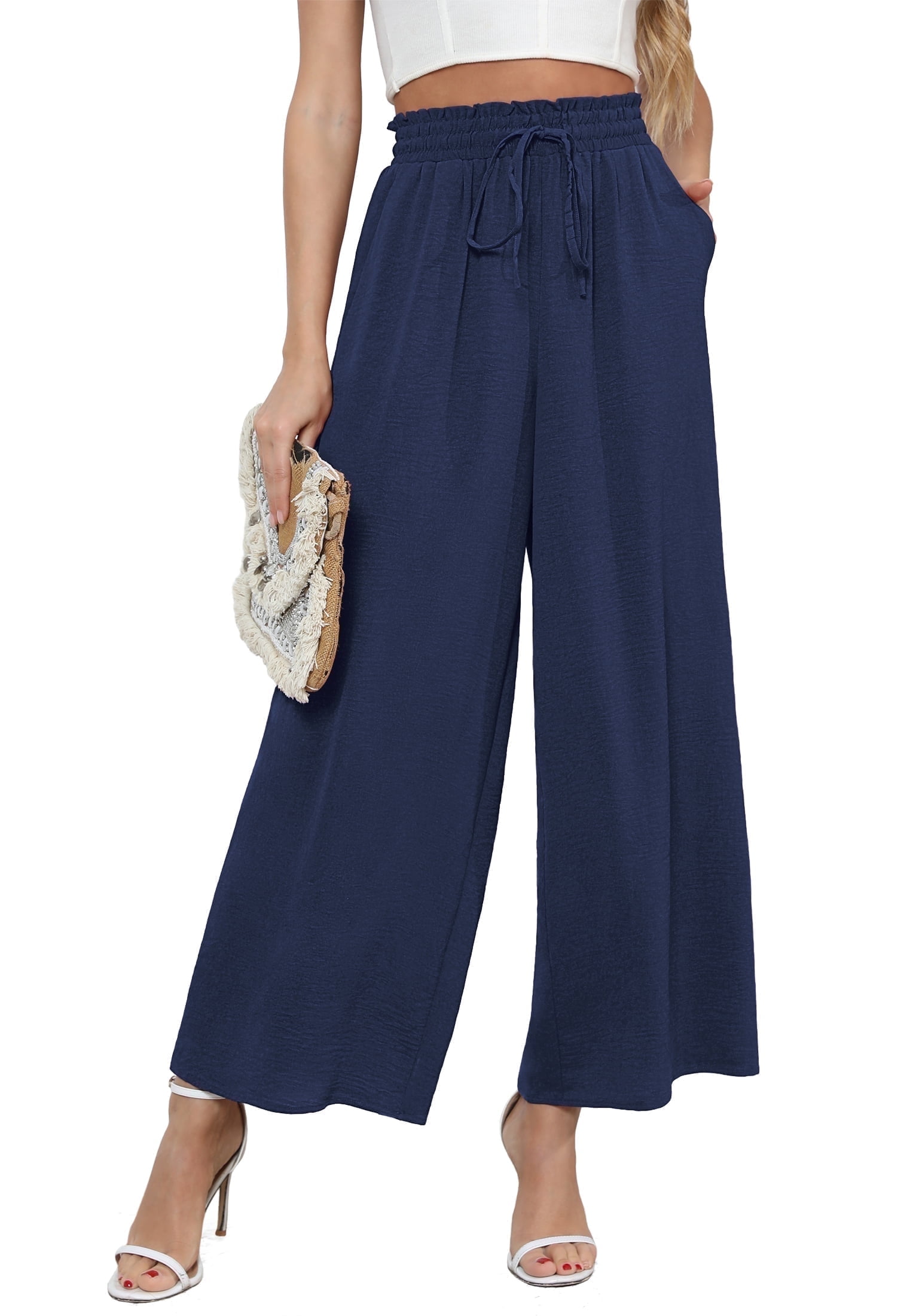 Uvplove Women's Flowy Wide Leg Palazzo Pants with Drawstring Waist and ...