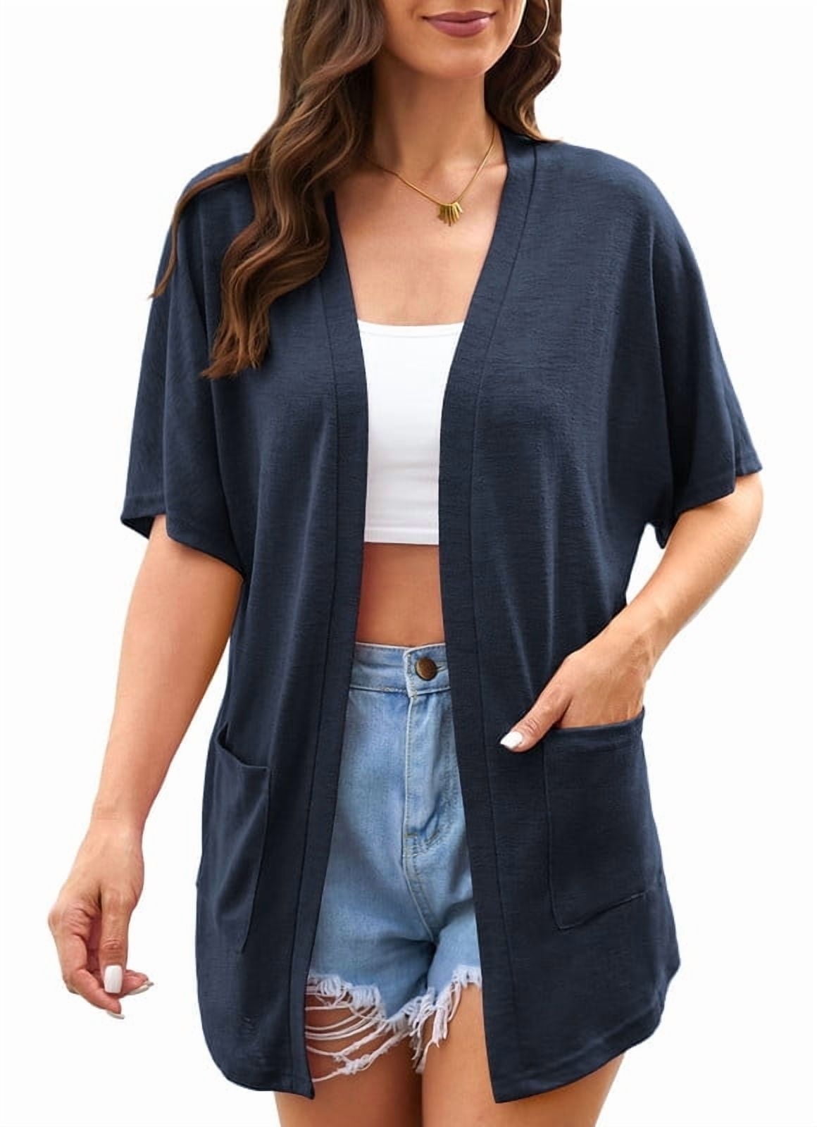 UVPLove Women's Summer Short Sleeve Lightweight Cardigan, Navy Blue ...