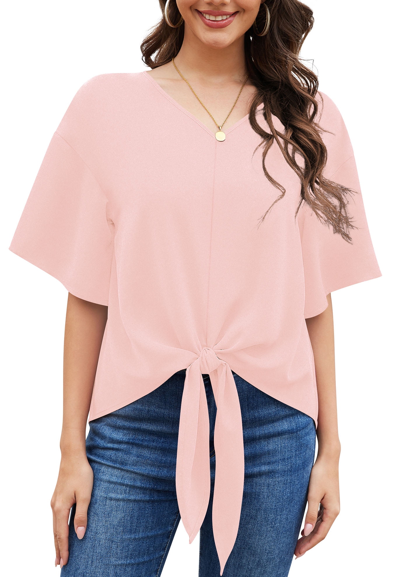 Uvplove Women's V-Neck Chiffon Blouse with Tie Front, Batwing Short ...