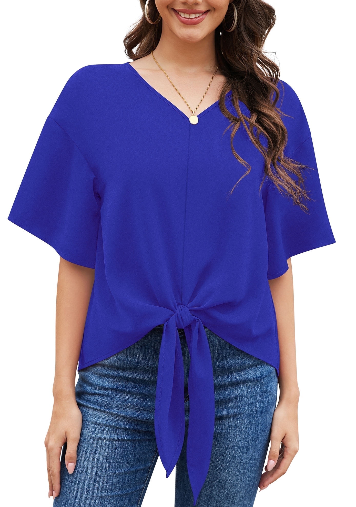 Uvplove Women's V Neck Chiffon Blouse with Tie Front, Batwing Short ...