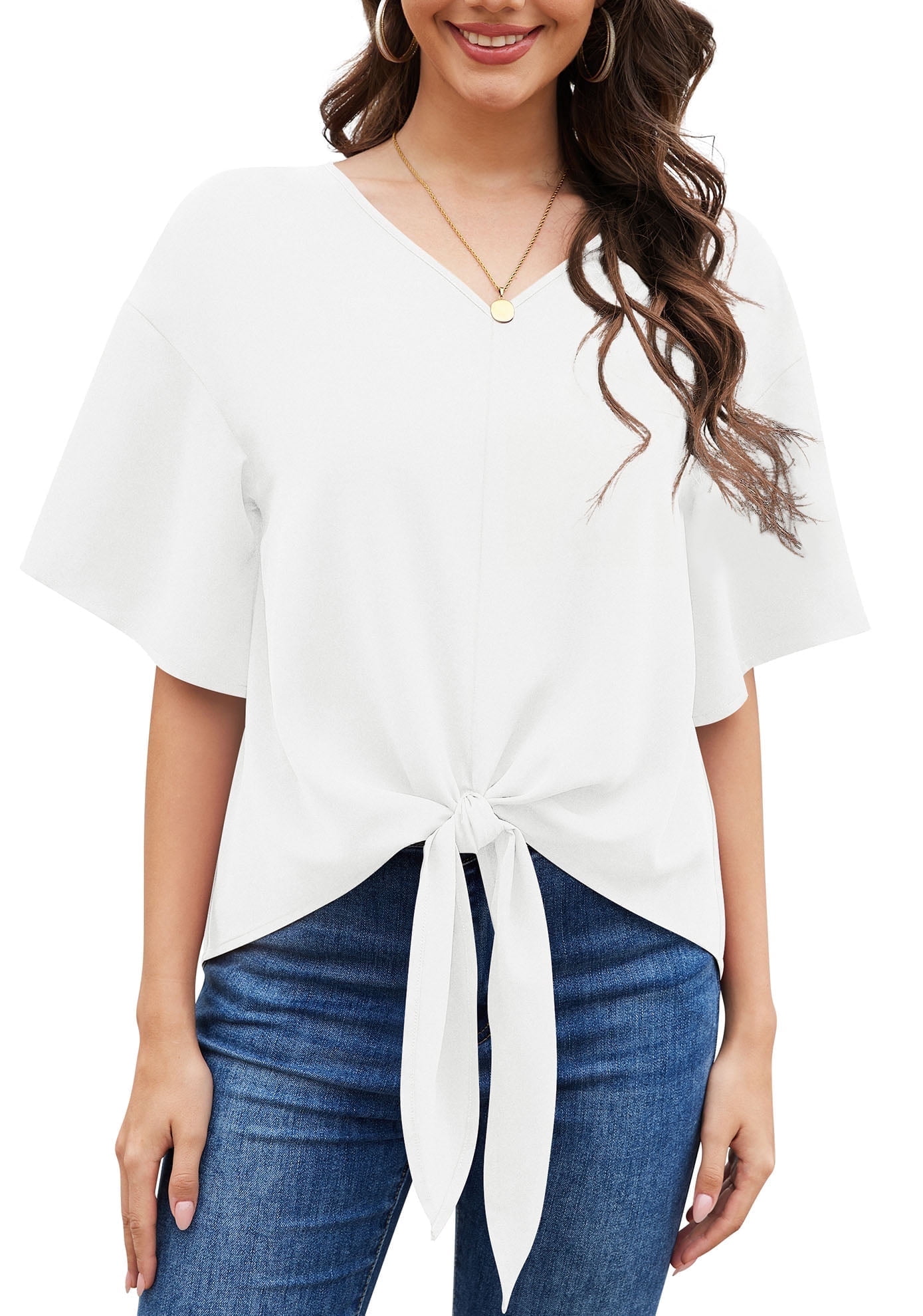 Uvplove Women's V-Neck Chiffon Blouse with Tie Front, Batwing Short ...