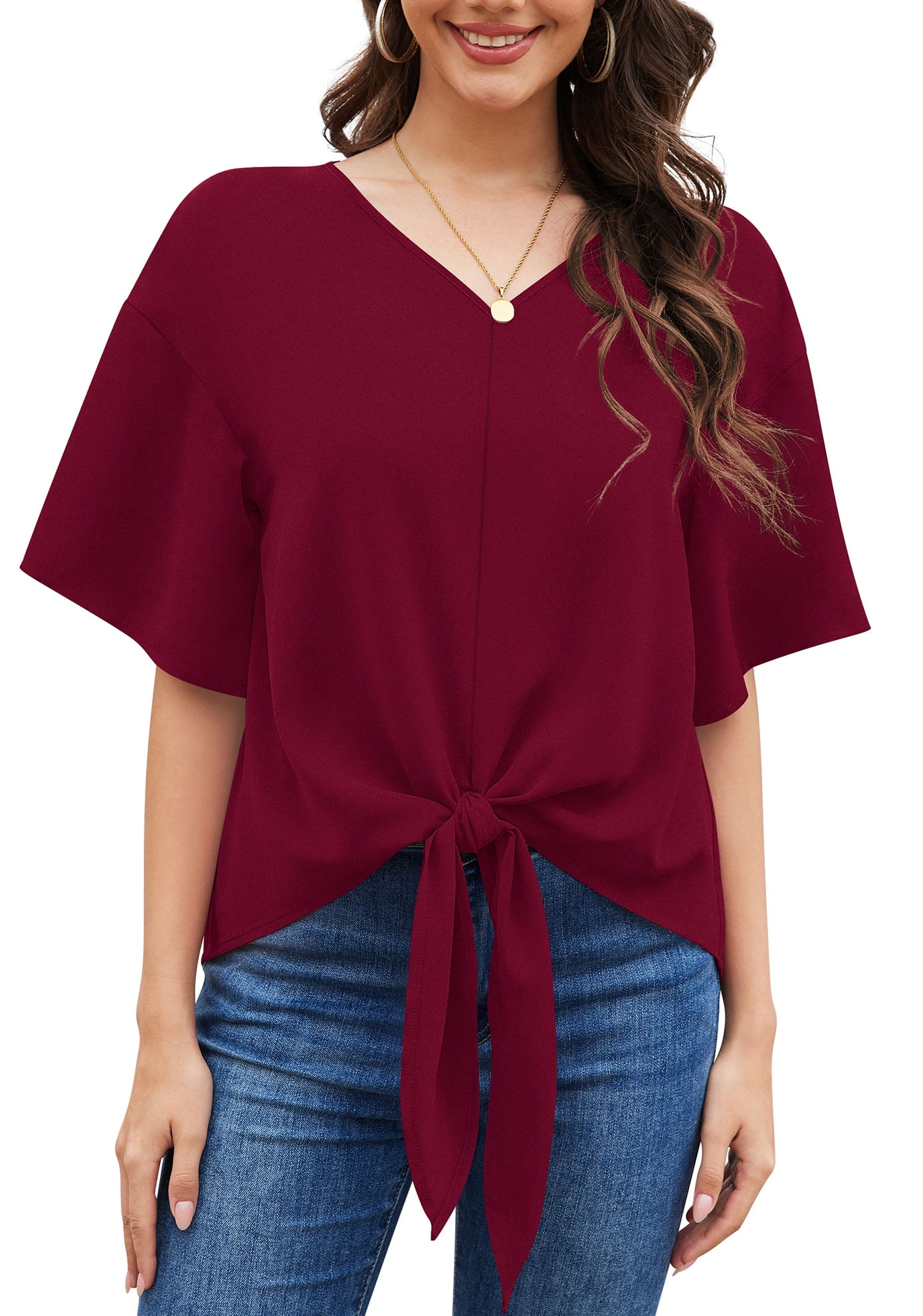 Uvplove Women's V Neck Batwing Sleeve Chiffon Blouse with Tie Front ...