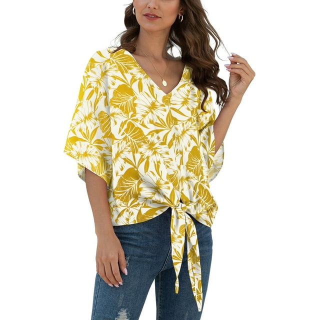 Uvplove Womens Tie Front Chiffon Blouses V Neck Batwing Short Sleeve