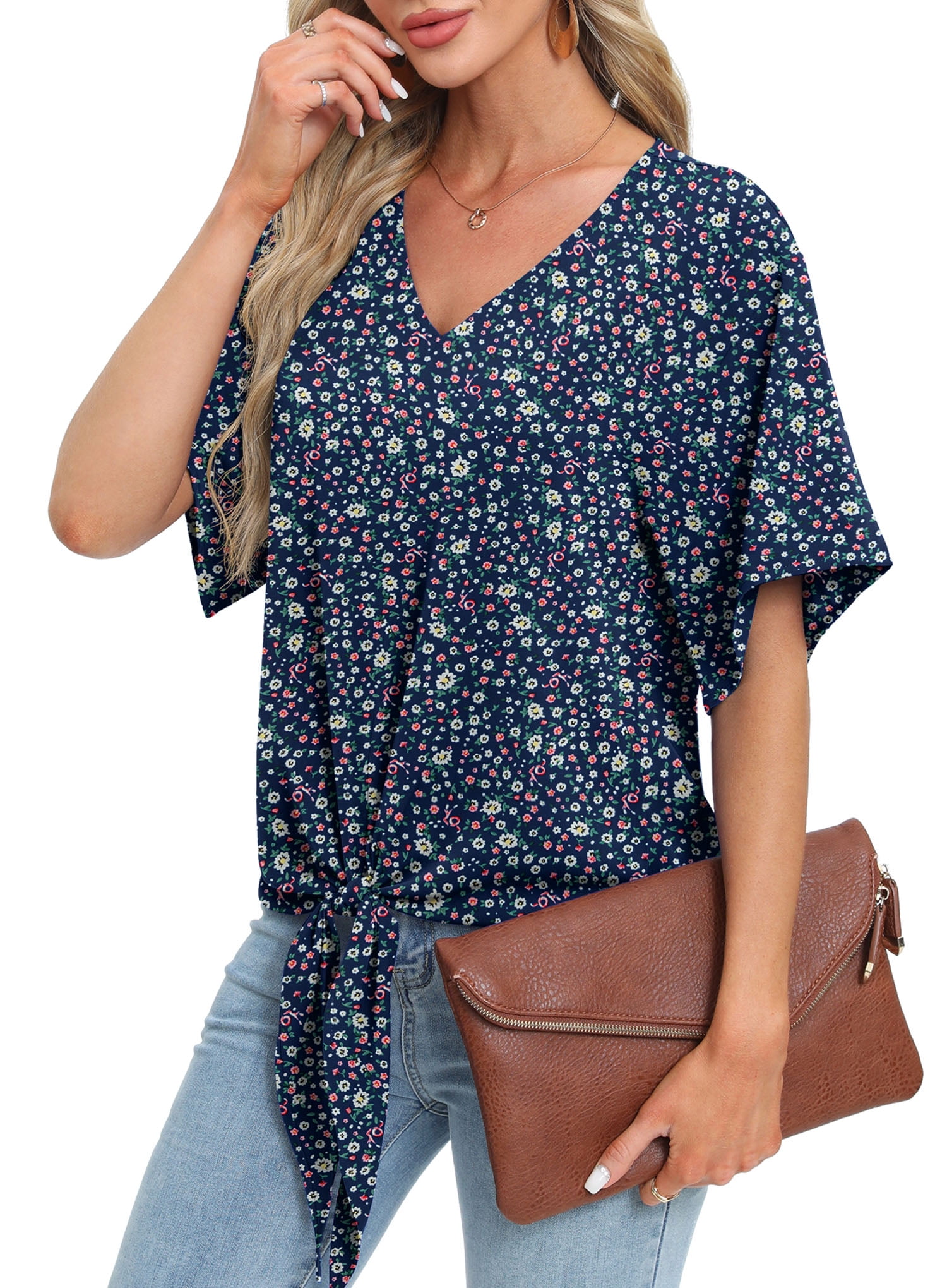 Uvplove Womens Tie Front Chiffon Blouses V Neck Batwing Short Sleeve ...